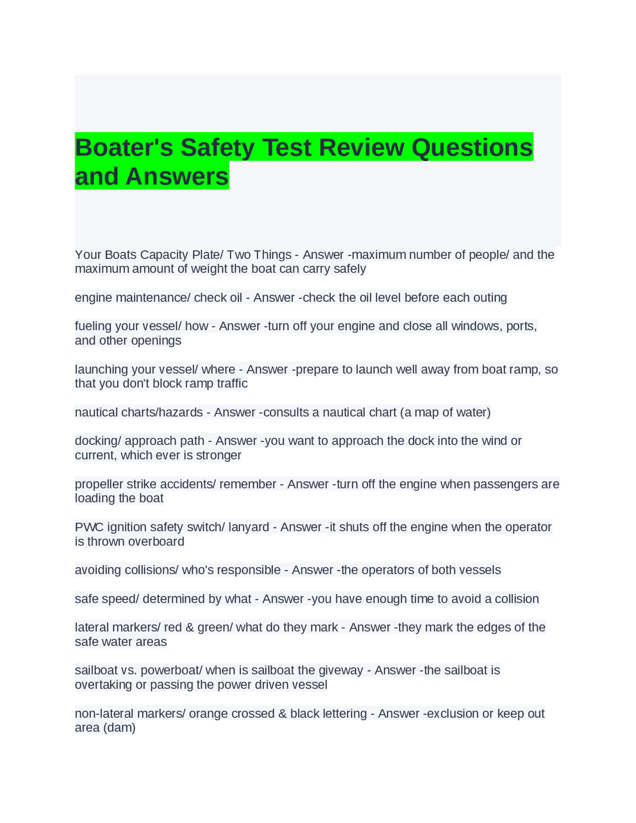 Boater's Safety Test Review Questions and Answers | Exams Advanced ...