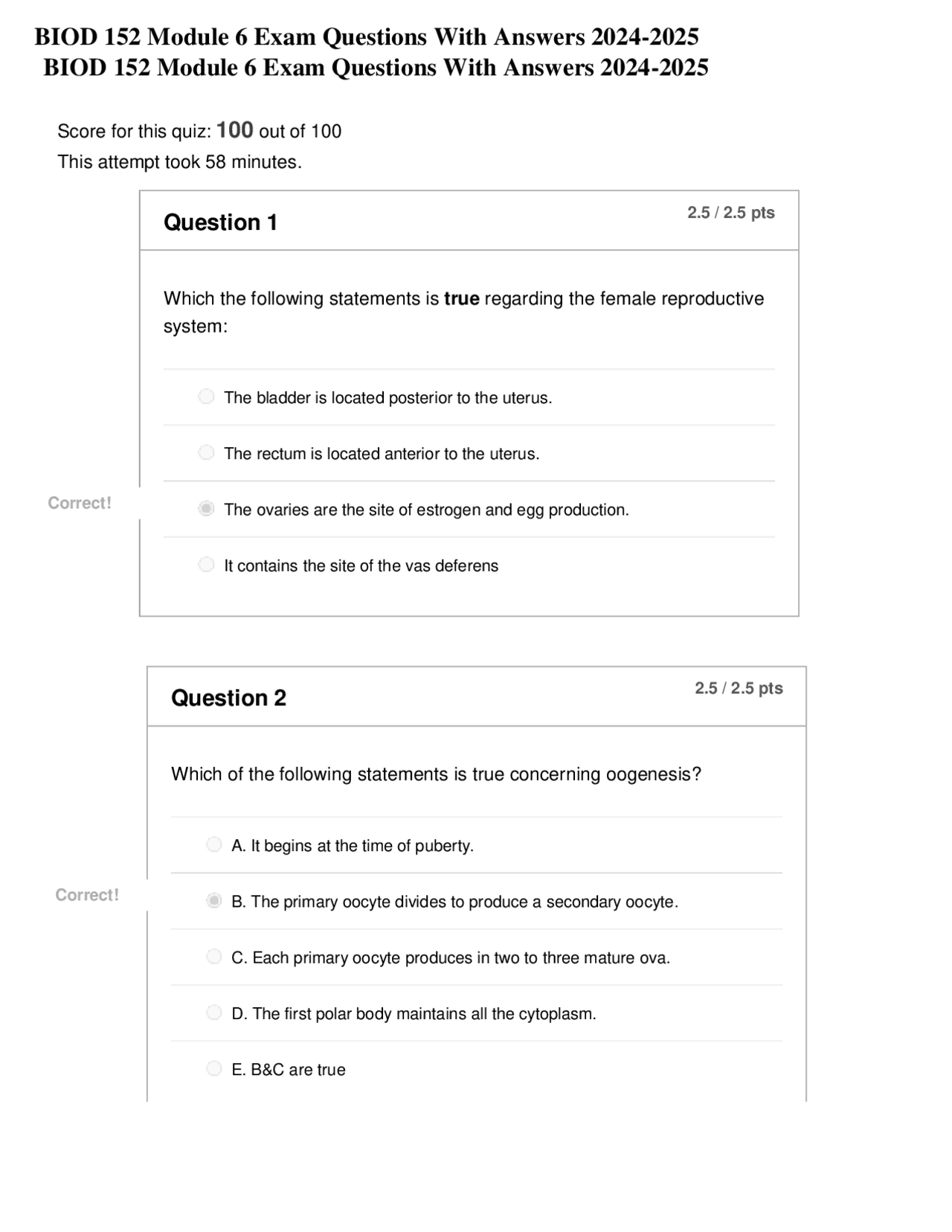 BIOD 152 Module 6 Exam Questions With Answers 2024-2025 | Exams Nursing | Docsity