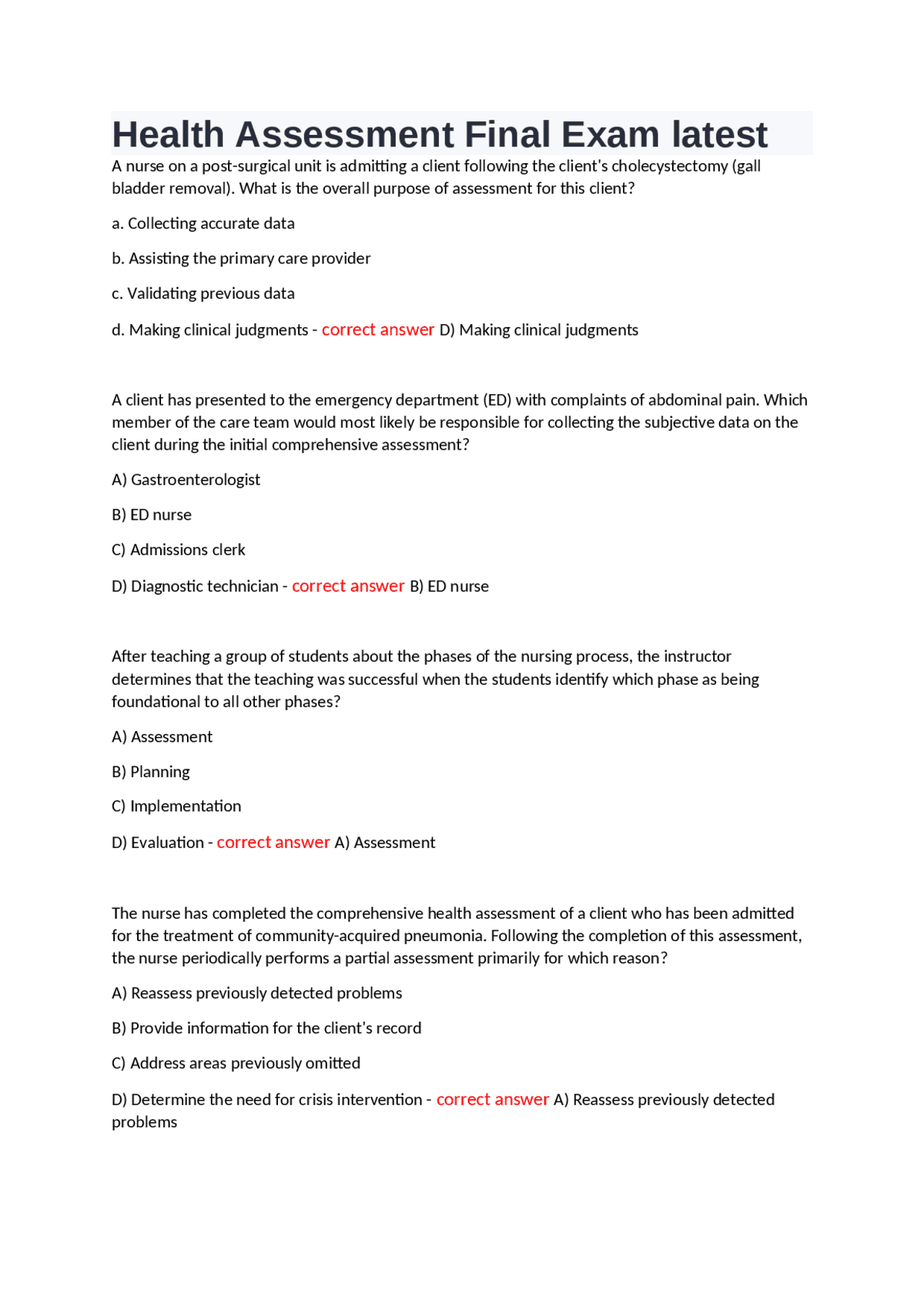 Health Assessment Final Exam latest | Exams Health psychology | Docsity