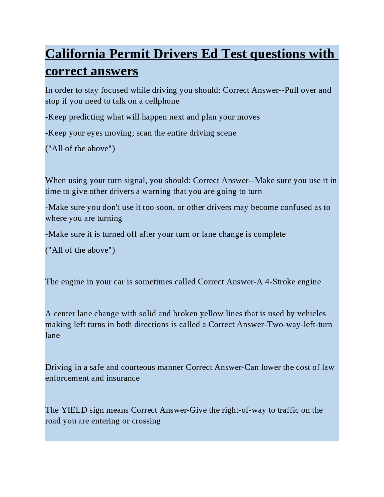California Permit Drivers Ed Test questions with correct answers ...