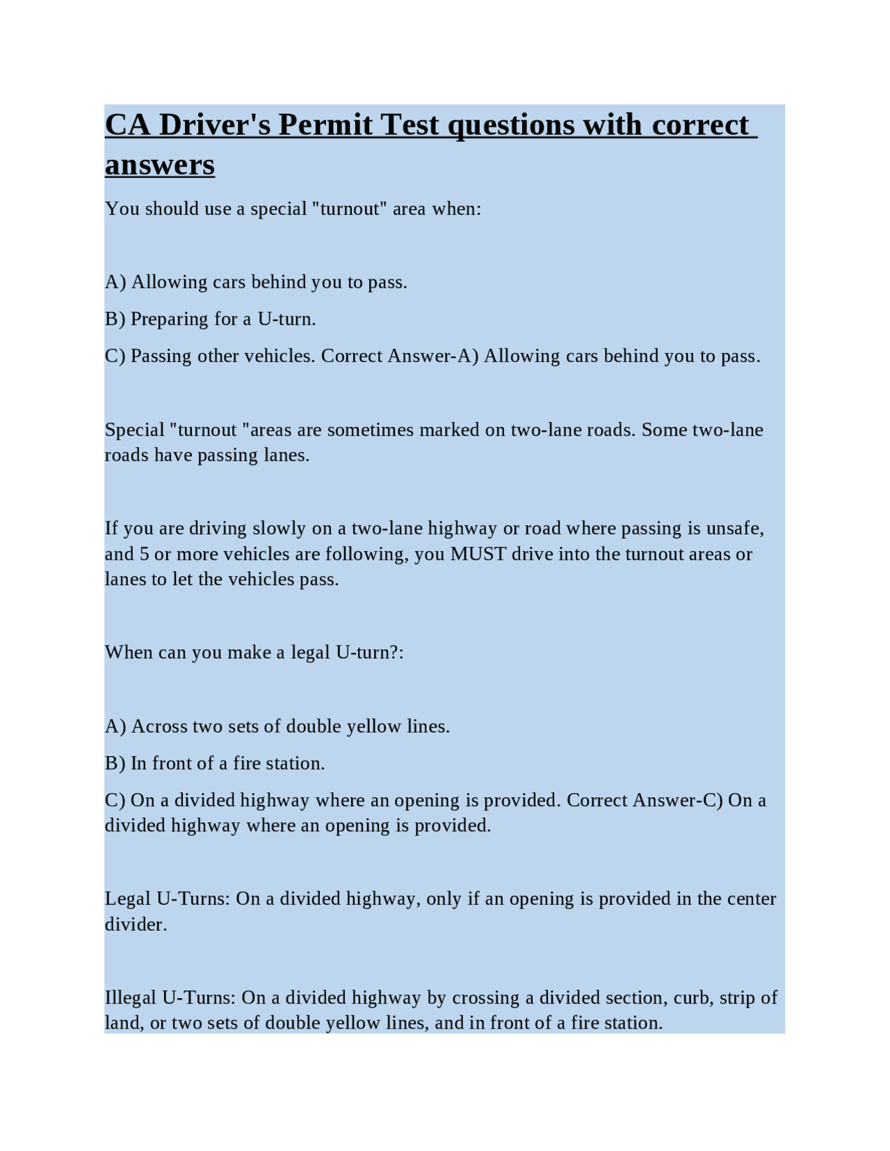 CA Driver's Permit Test questions with correct answers | Exams Law ...