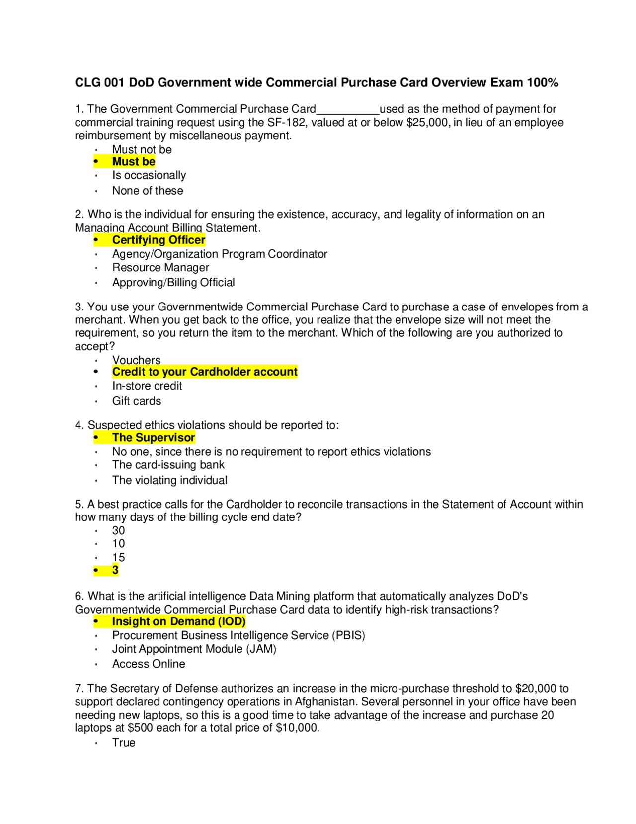 CLG 001 DoD Government wide Commercial Purchase Card Overview Exam 100% ...