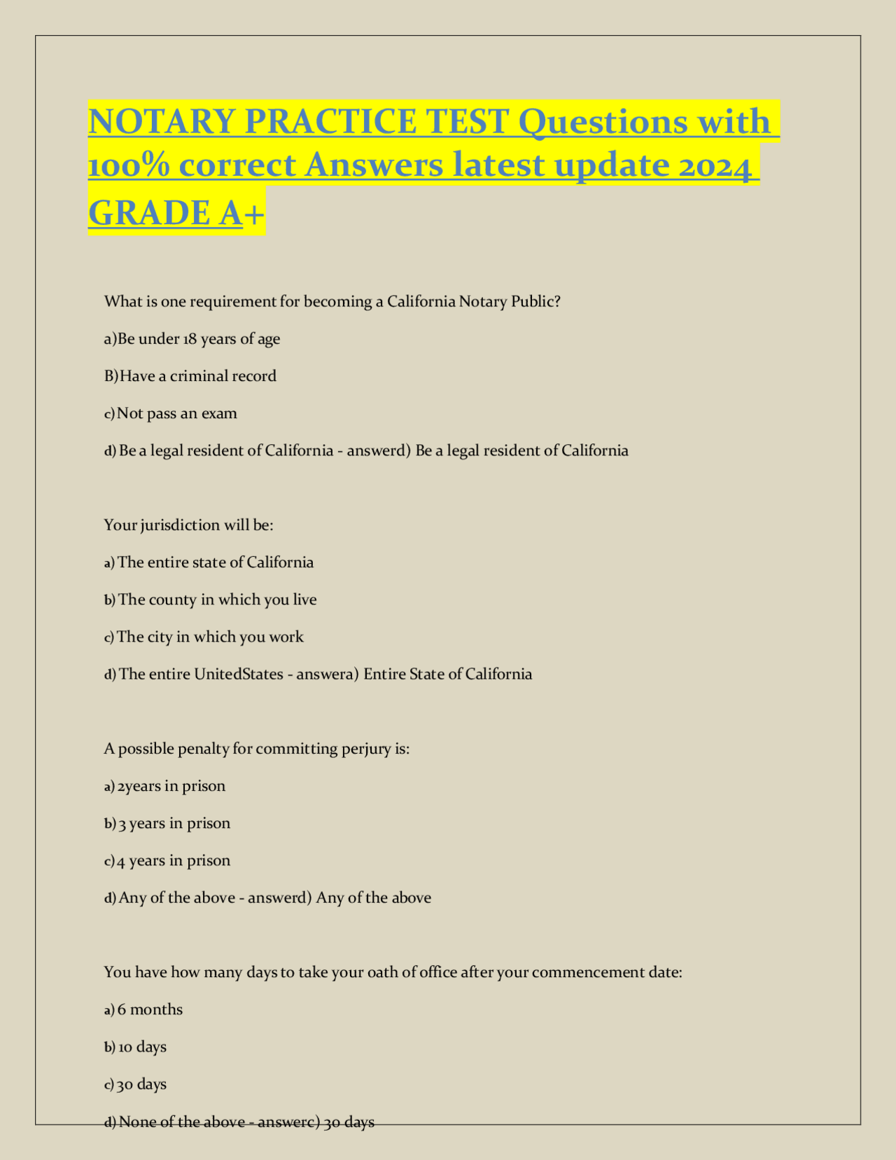 NOTARY PRACTICE TEST Questions with 100% correct Answers latest update ...