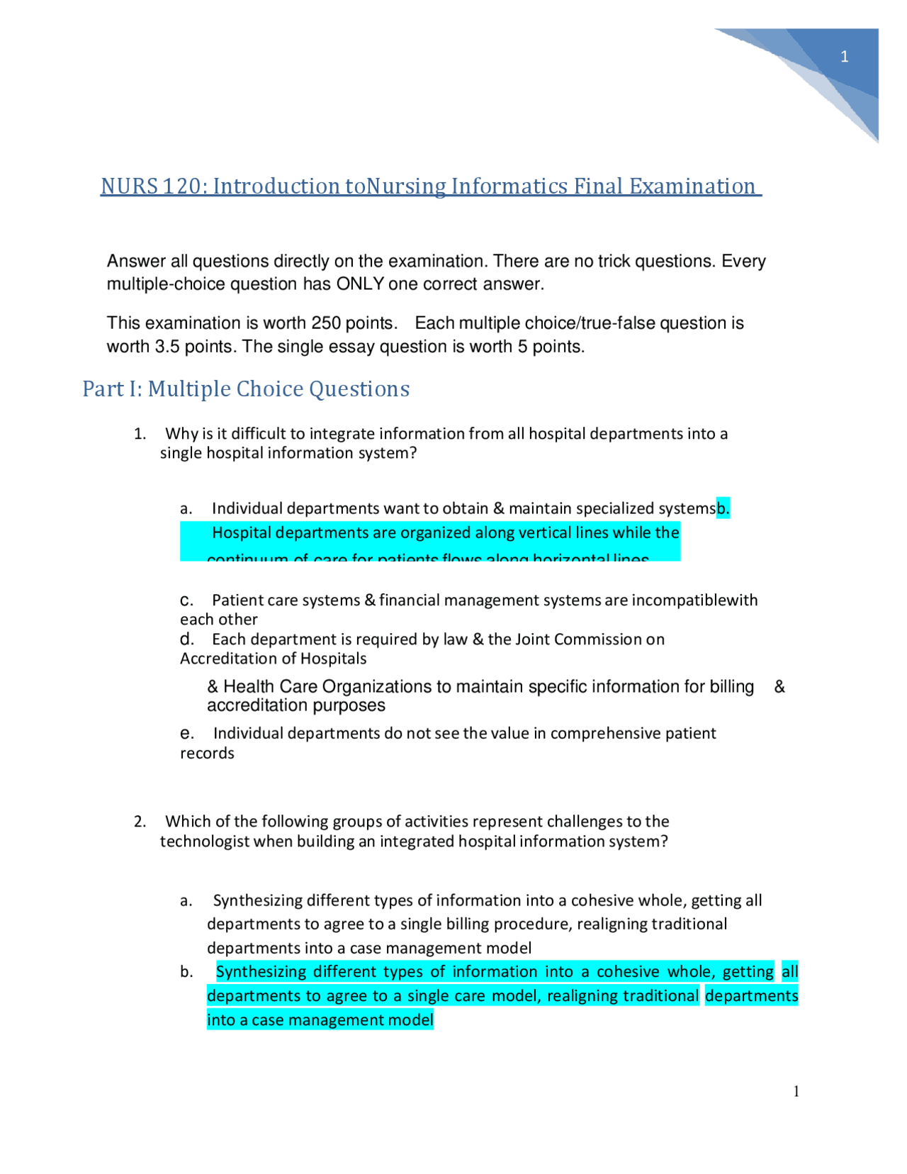 Challenges in Integrating Hospital Information Systems | Exams Nursing | Docsity