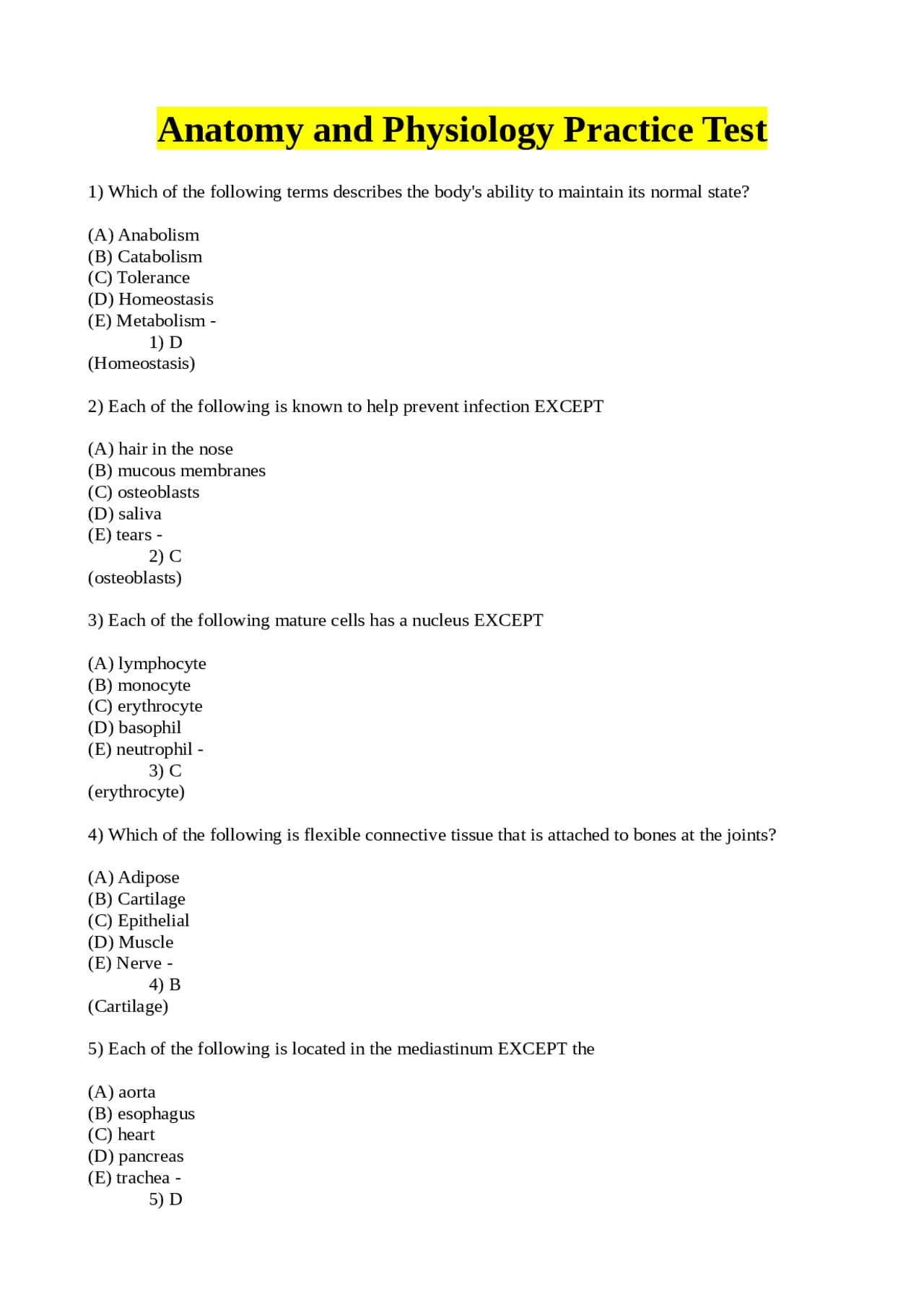 Anatomy and Physiology Practice Test | Exams Anatomy | Docsity