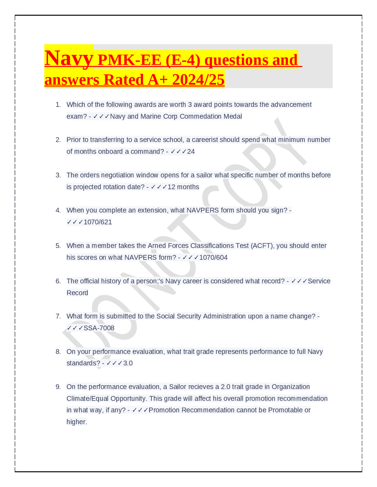 Navy PMK-EE (E-4) questions and answers Rated A+ 2024/25 | Exams ...