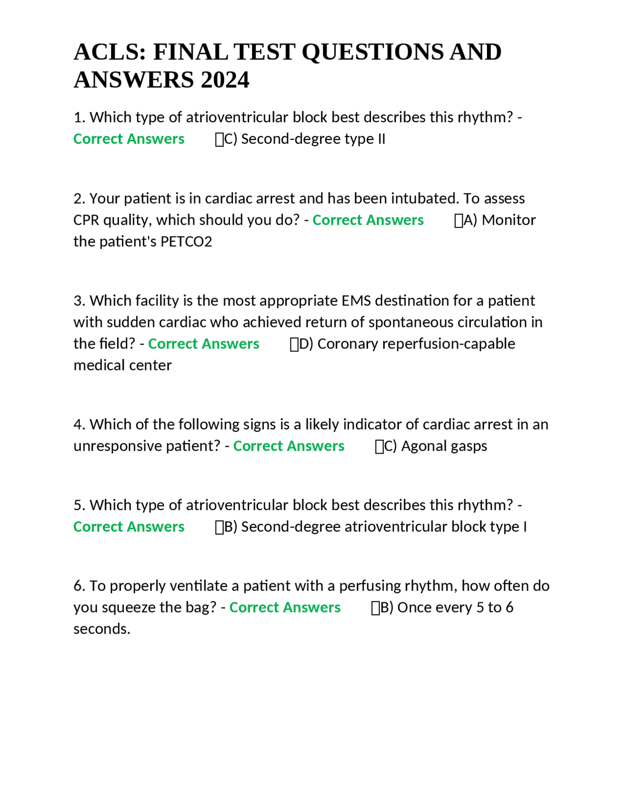 ACLS: FINAL TEST QUESTIONS AND ANSWERS 2024 | Exams Nursing | Docsity
