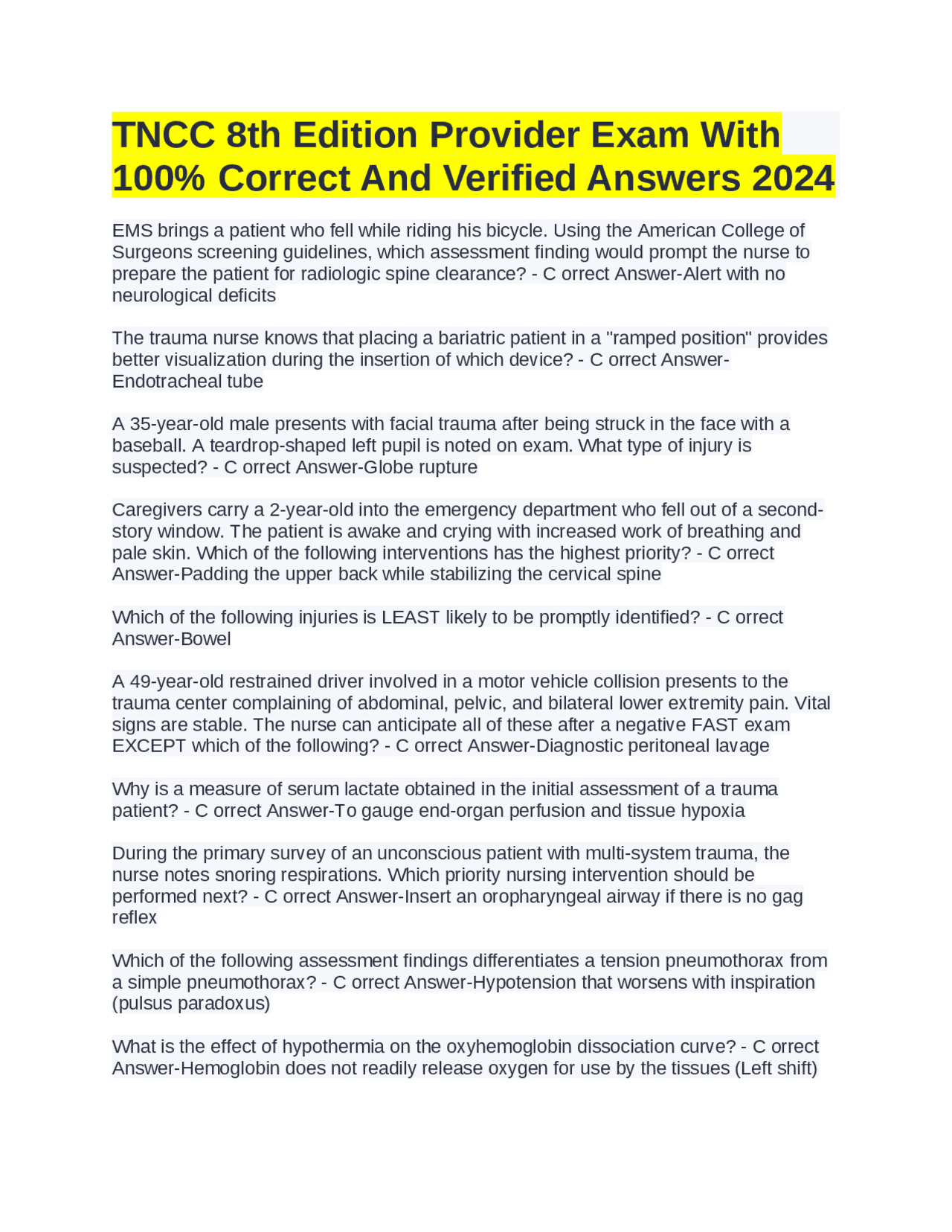 TNCC 8th Edition Provider Exam With 100% Correct And Verified Answers 2024 | Exams Advanced ...