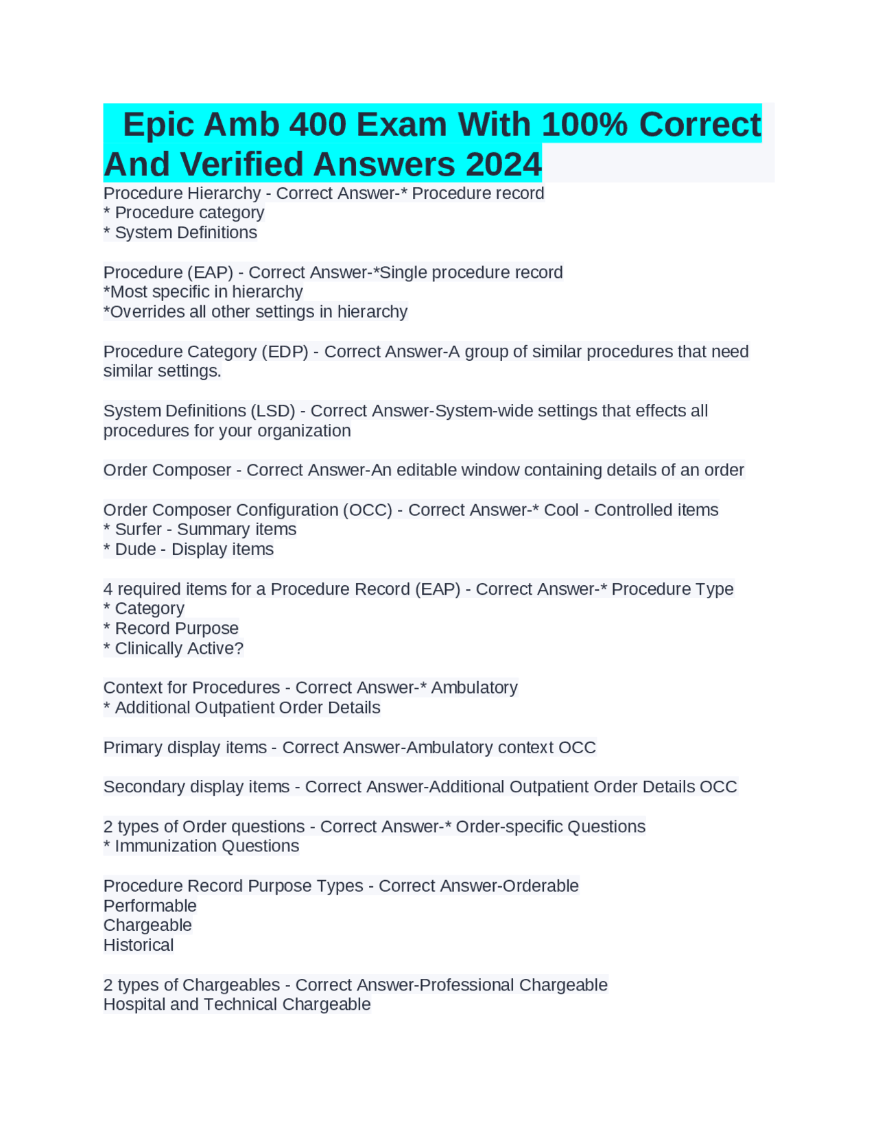 Epic Amb 400 Exam With 100% Correct And Verified Answers 2024 | Exams ...