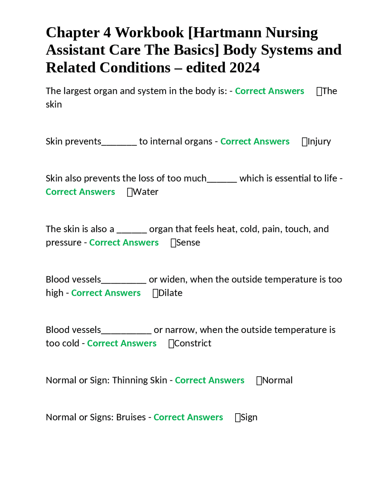 Chapter 4 Workbook [Hartmann Nursing Assistant Care The Basics] Body ...