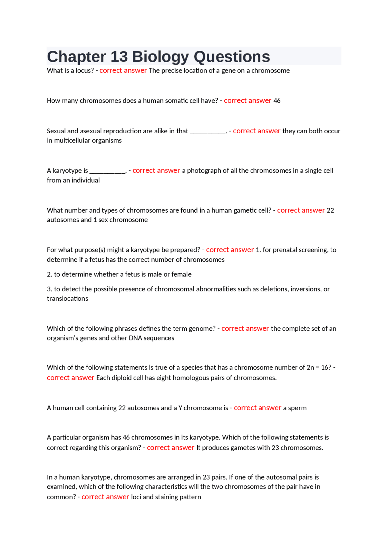 Chapter 13 Biology Questions | Exams Biology | Docsity