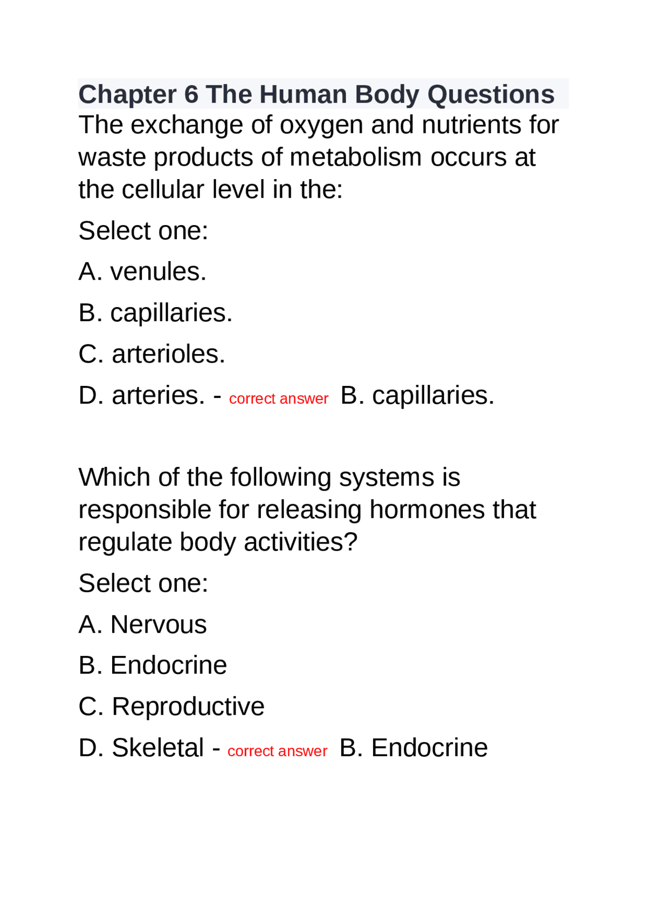 Chapter 6 The Human Body Questions | Exams Human Biology | Docsity