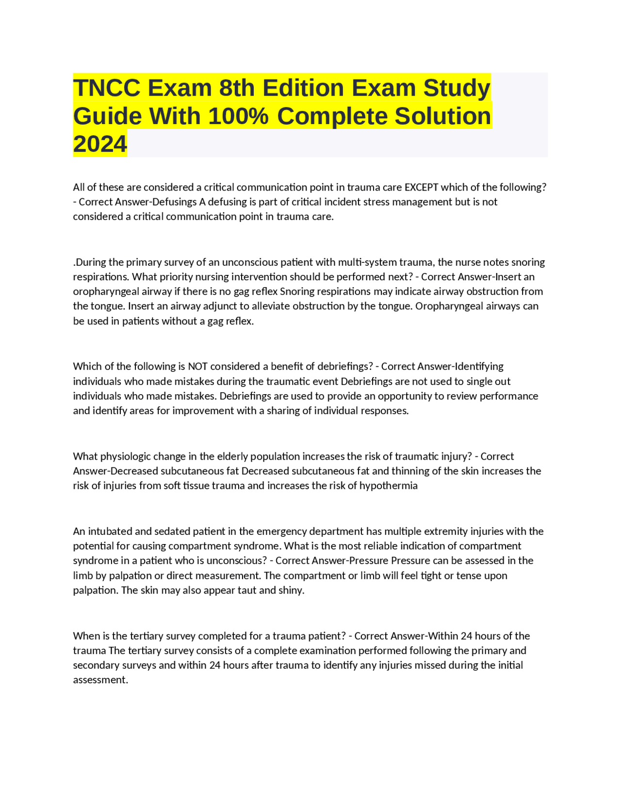 TNCC Exam 8th Edition Exam Study Guide With 100% Complete Solution 2024 ...