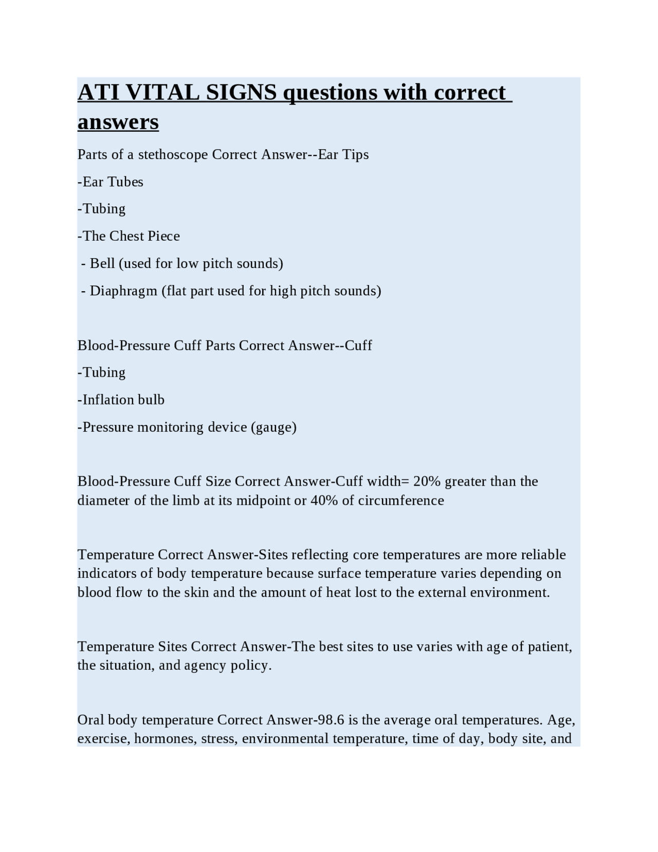 ATI VITAL SIGNS questions with correct answers | Exams Nursing | Docsity