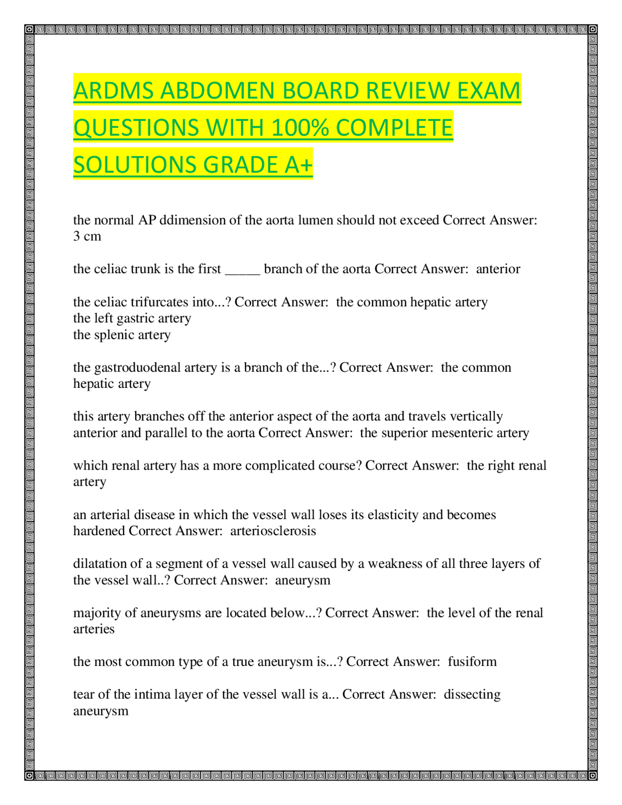ARDMS ABDOMEN BOARD REVIEW EXAM QUESTIONS WITH 100% COMPLETE SOLUTIONS ...
