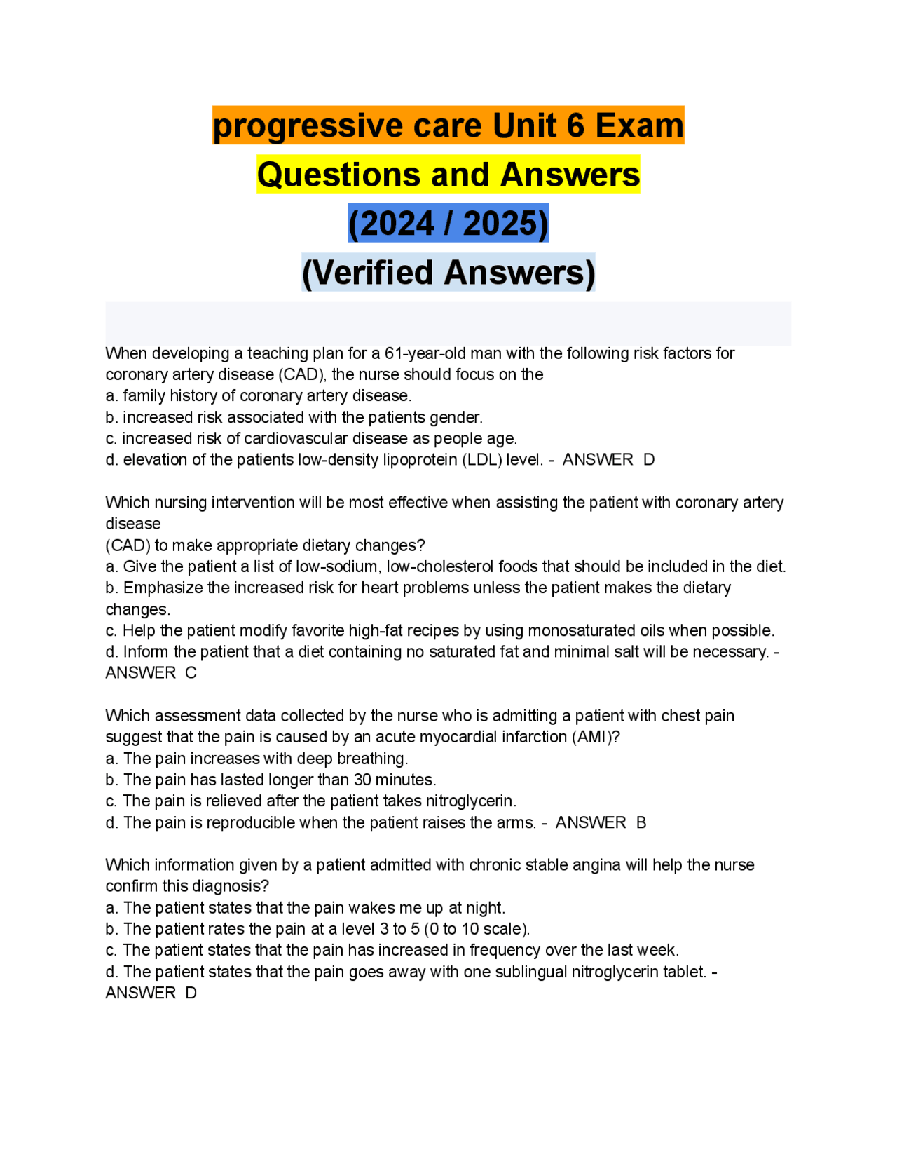 progressive care Unit 6 Exam Questions and Answers (2024 / 2025 ...
