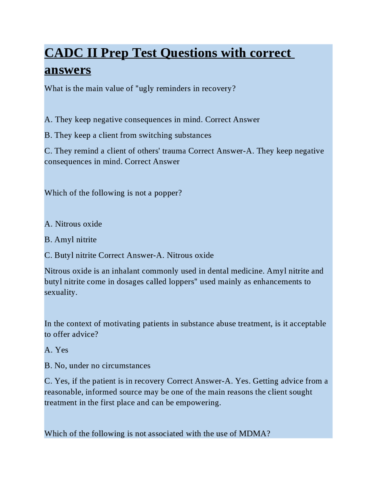CADC II Prep Test Questions with correct answers | Exams Psychology ...