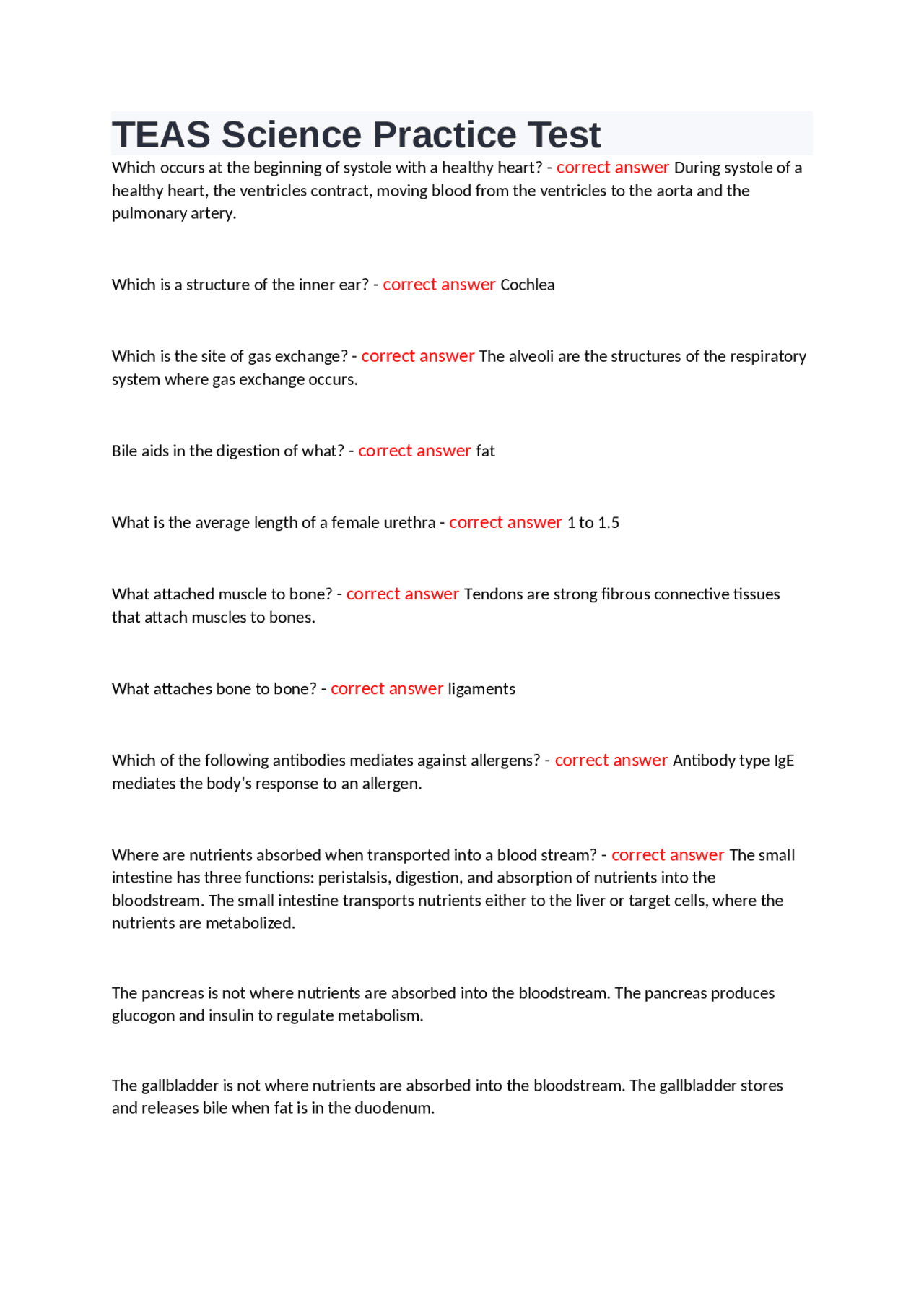 TEAS Science Practice Test | Exams Biology | Docsity