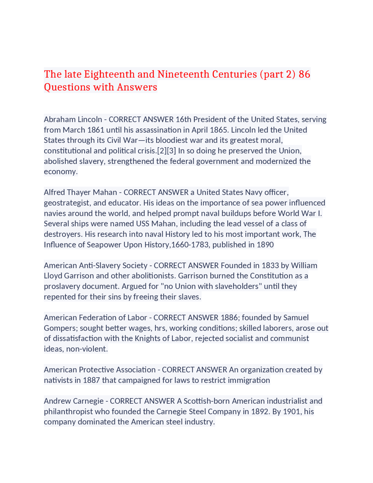 The Late Eighteenth and Nineteenth Centuries (Part 2) - 86 Questions ...