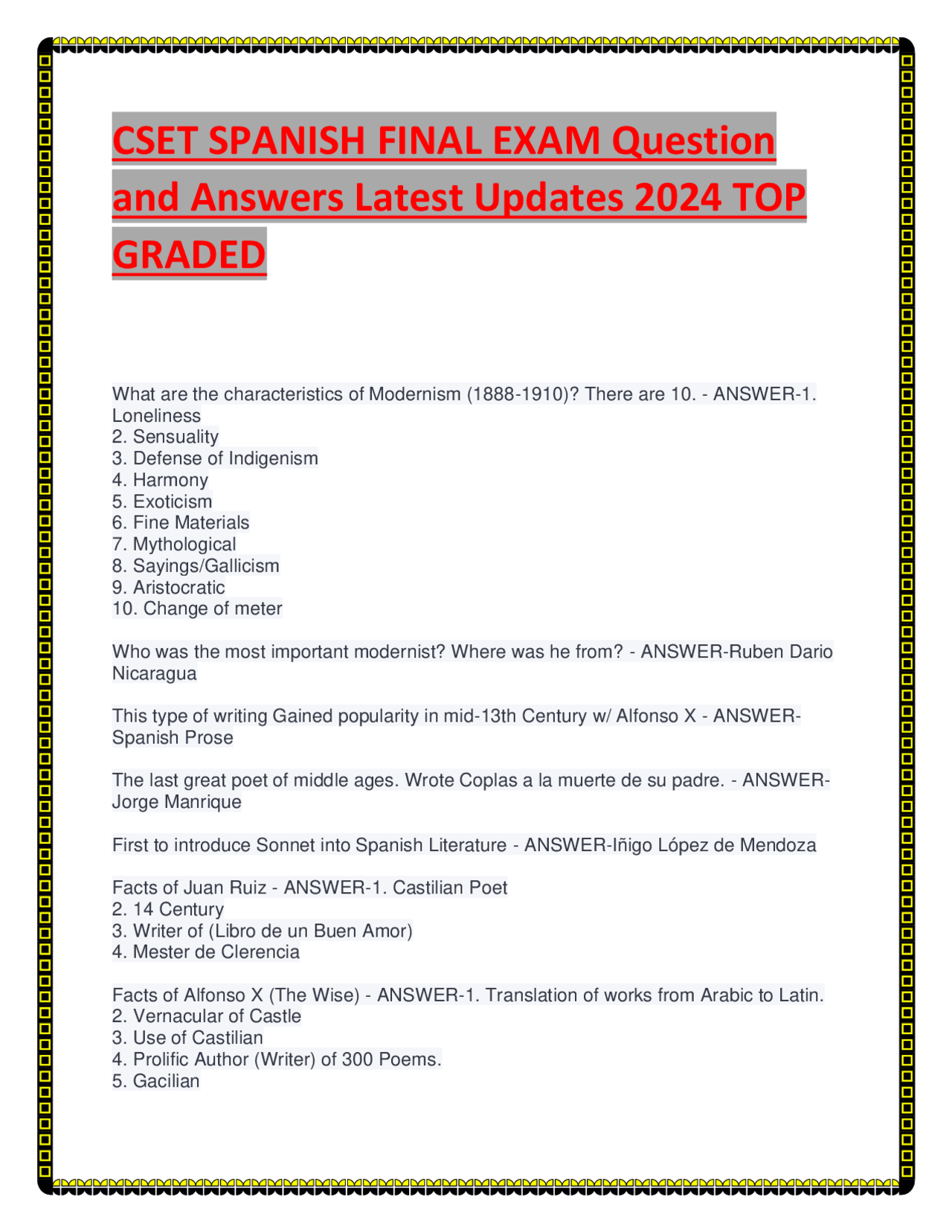 CSET SPANISH FINAL EXAM Question and Answers Latest Updates 2024 TOP ...