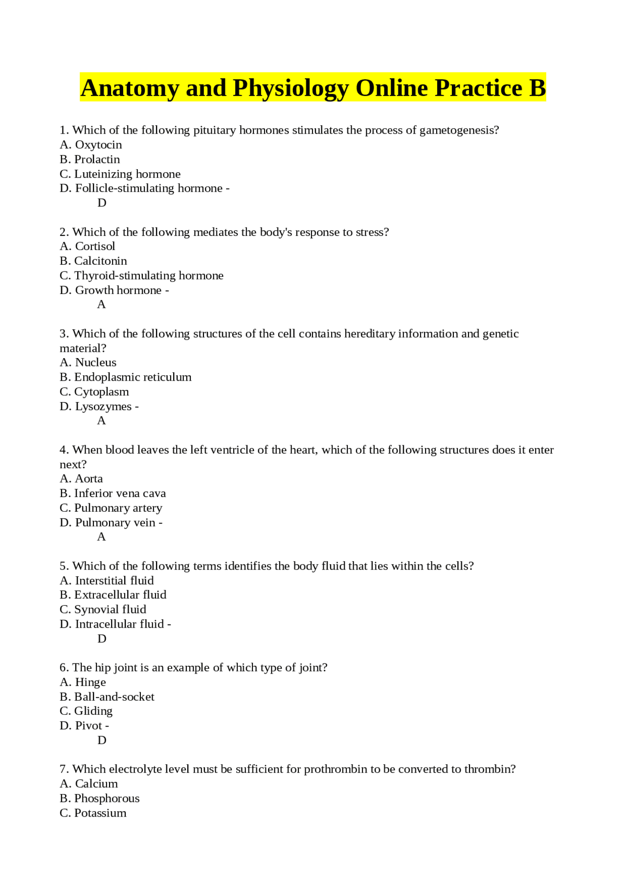 Anatomy and Physiology Online Practice B. | Exams Anatomy | Docsity