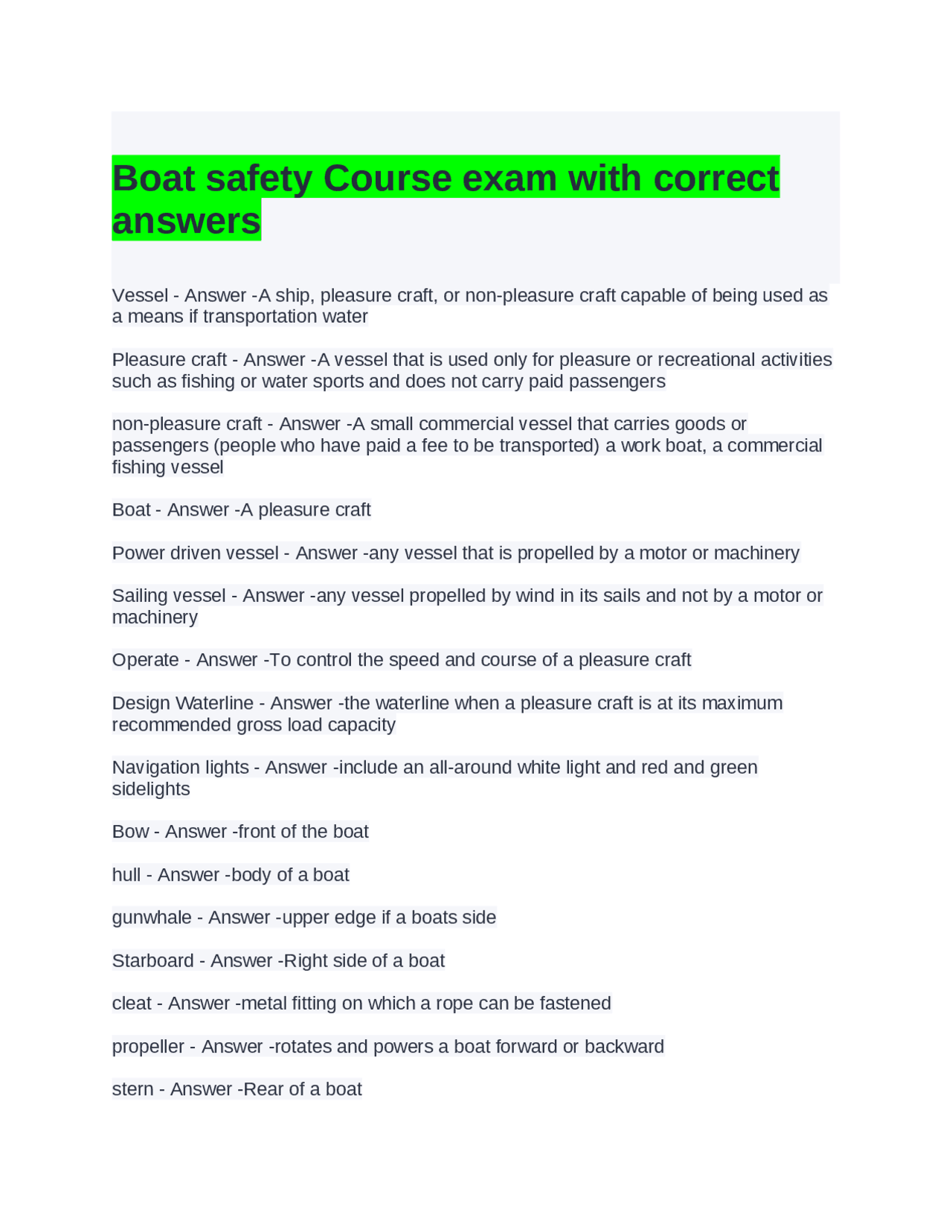 Boat safety Course exam with correct answers | Exams Advanced Education ...