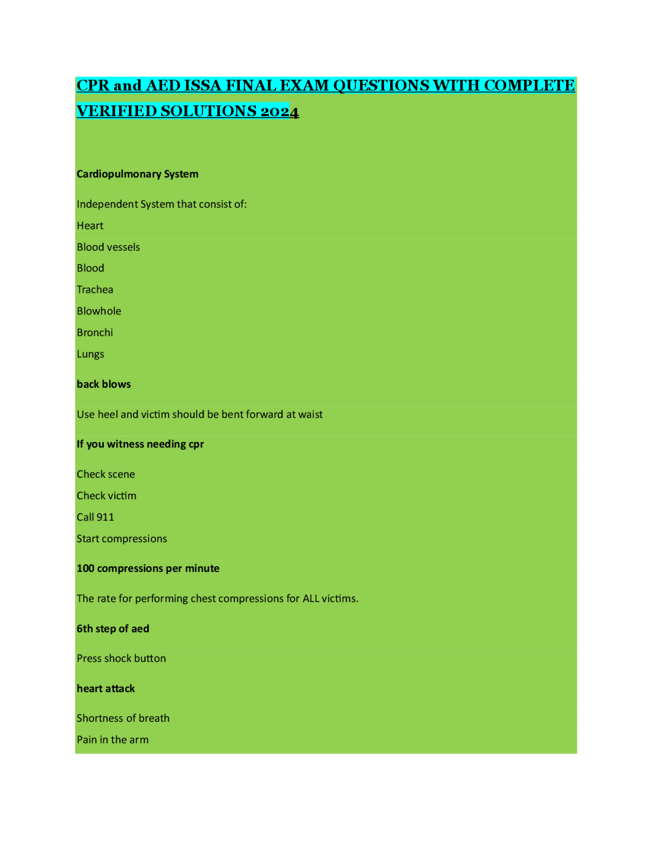CPR and AED ISSA FINAL EXAM QUESTIONS WITH COMPLETE VERIFIED SOLUTIONS ...