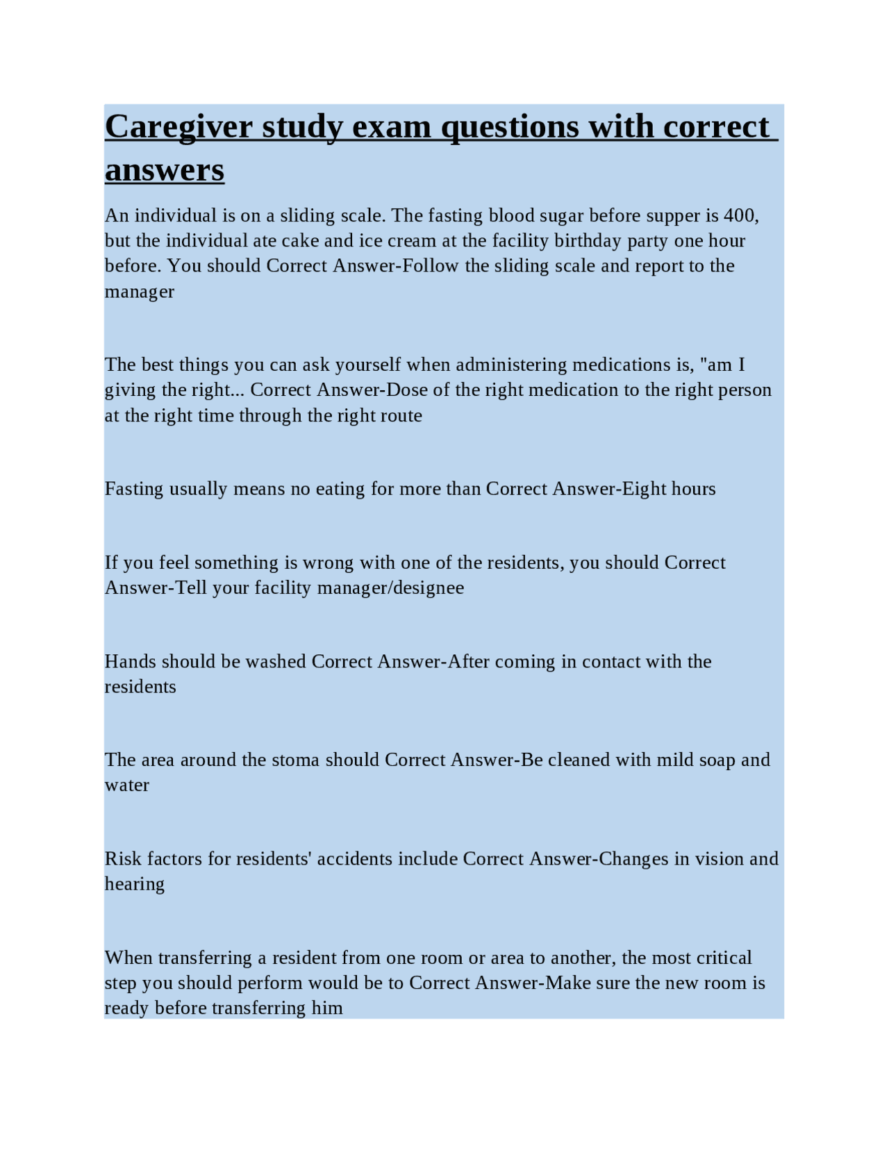 Caregiver study exam questions with correct answers | Exams Nursing ...