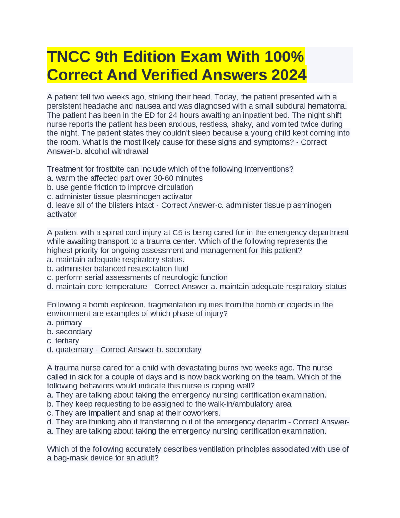 TNCC 9th Edition Exam With 100% Correct And Verified Answers 2024 | Exams Advanced Education ...