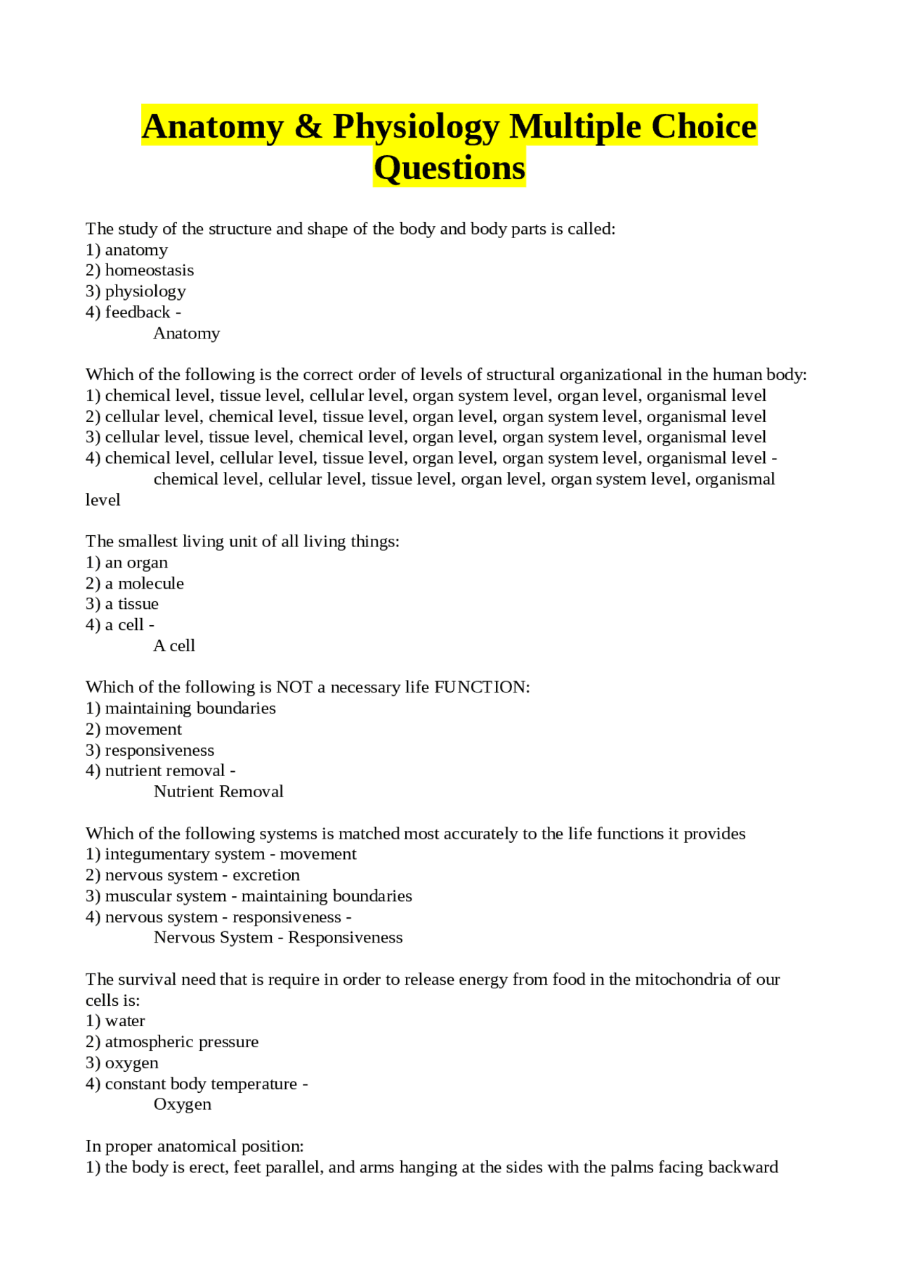 Anatomy & Physiology Multiple Choice Questions | Exams Anatomy | Docsity