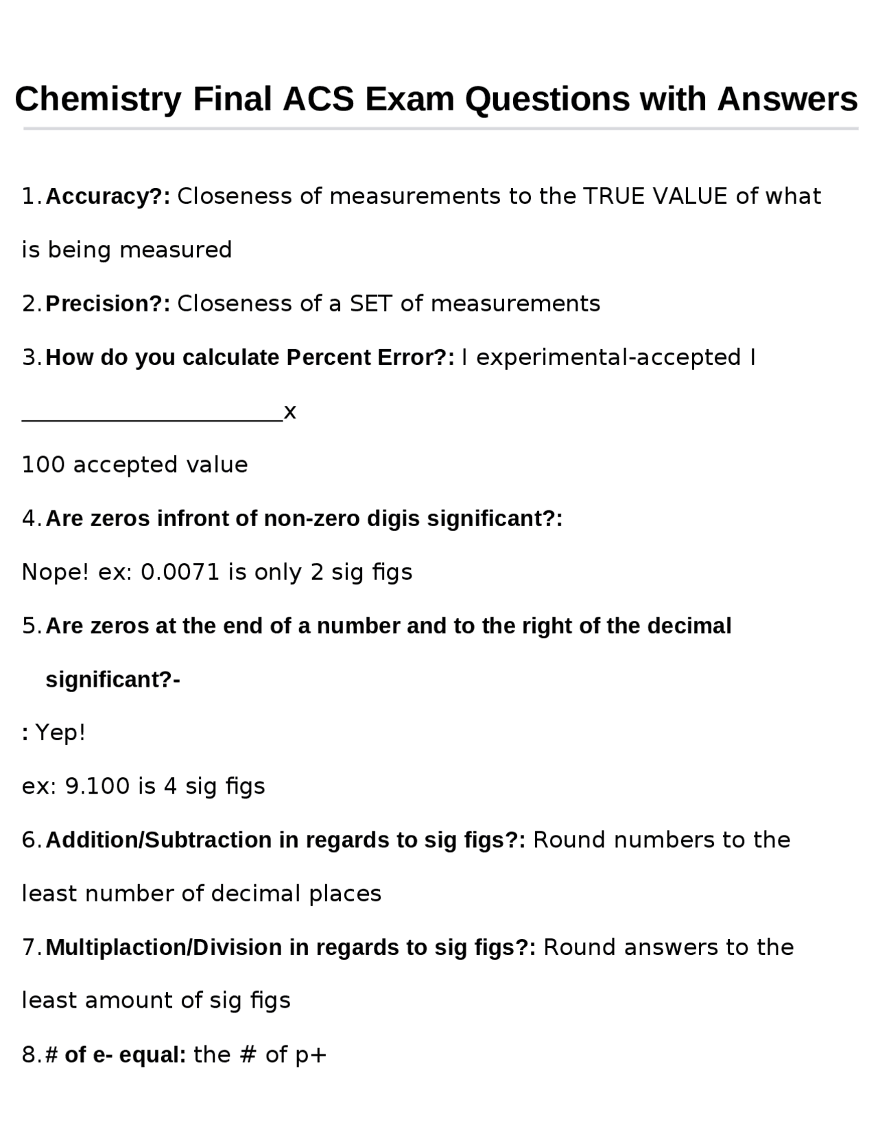Chemistry Final ACS Exam Questions with Answers | Exams Chemistry | Docsity
