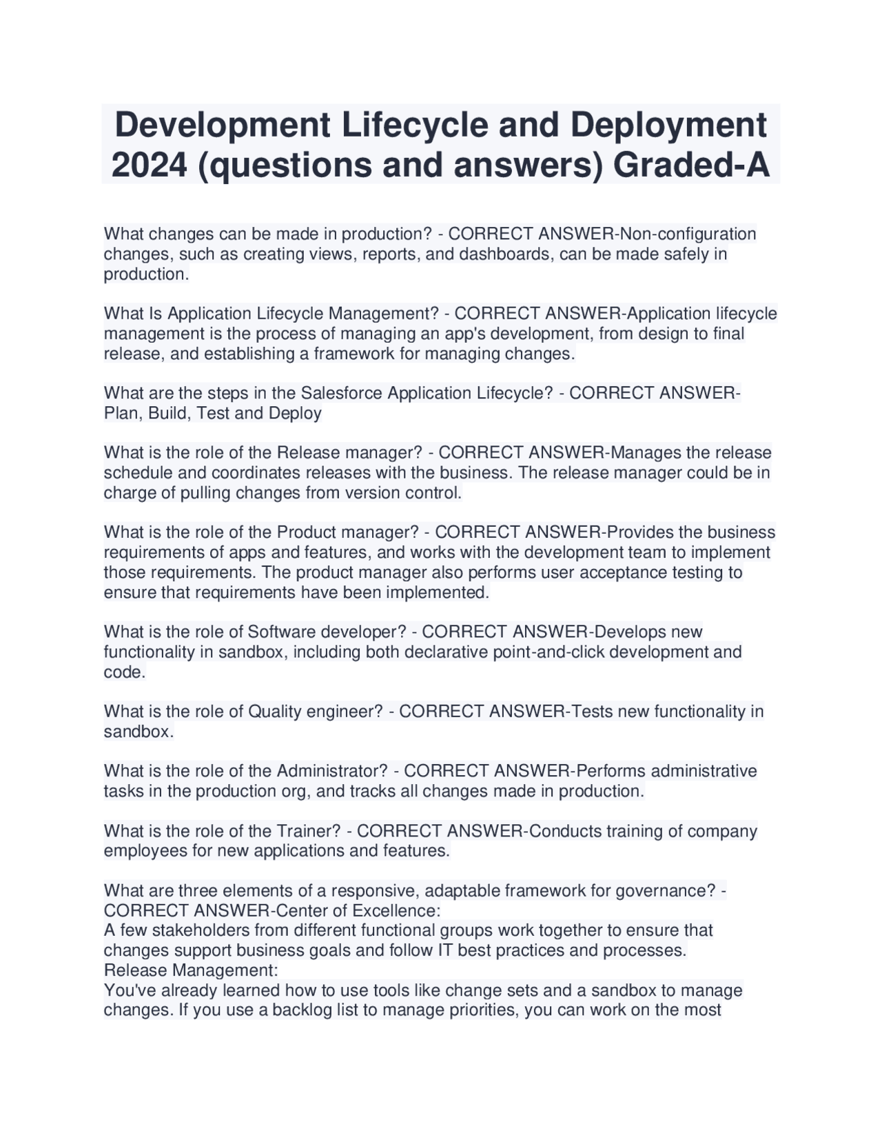 Development Lifecycle and Deployment 2024 (questions and answers ...