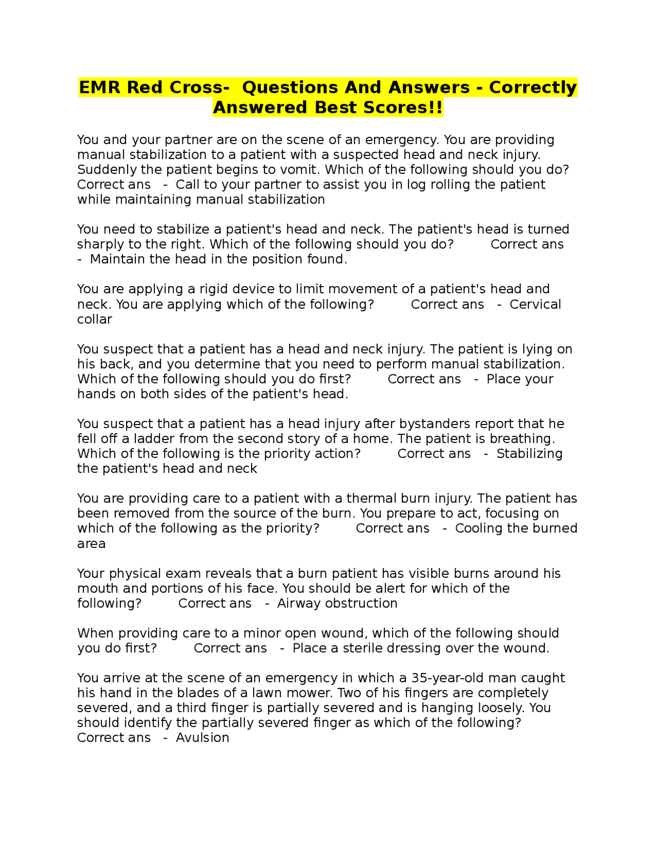 EMR Red Cross- Questions And Answers - Correctly Answered Best Scores ...