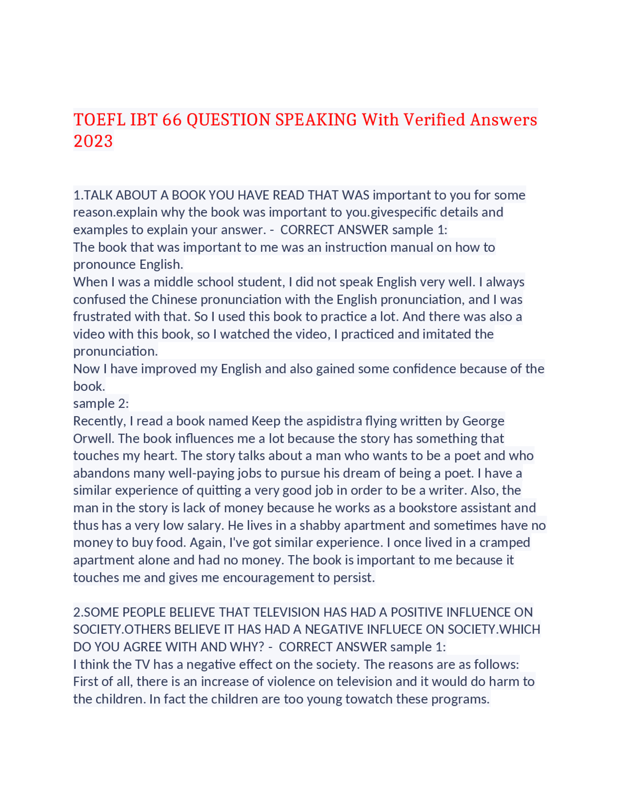 TOEFL iBT 66 Question Speaking with Verified Answers | Exams Advanced ...