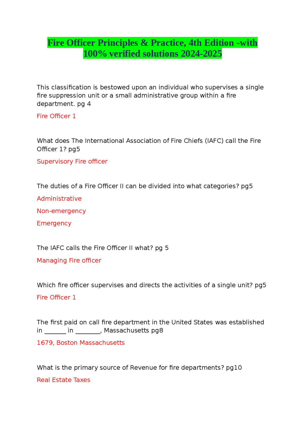 Fire Officer Principles & Practice, 4th Edition -with 100% verified solutions 2024-2025 | Exams ...