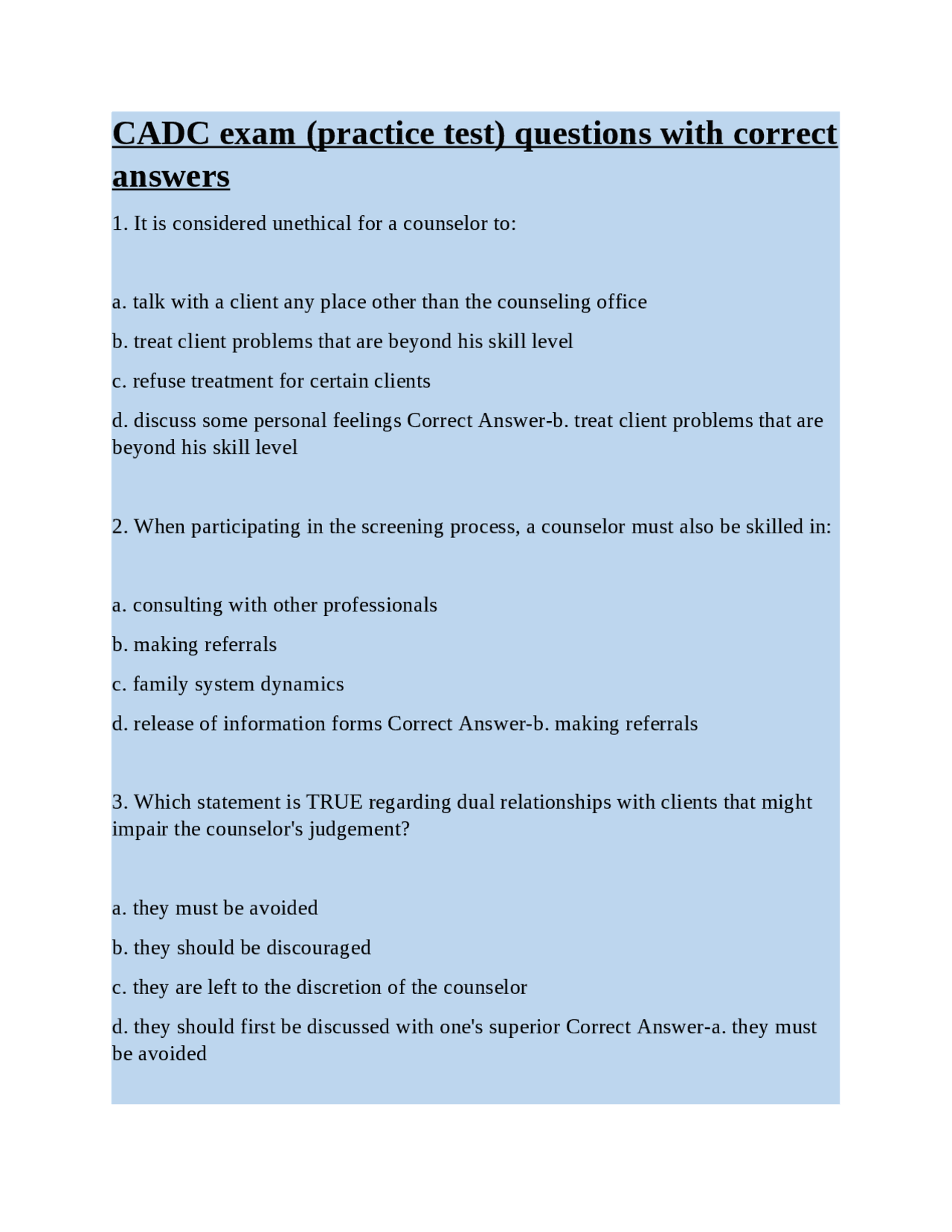 CADC exam (practice test) questions with correct answers | Exams ...