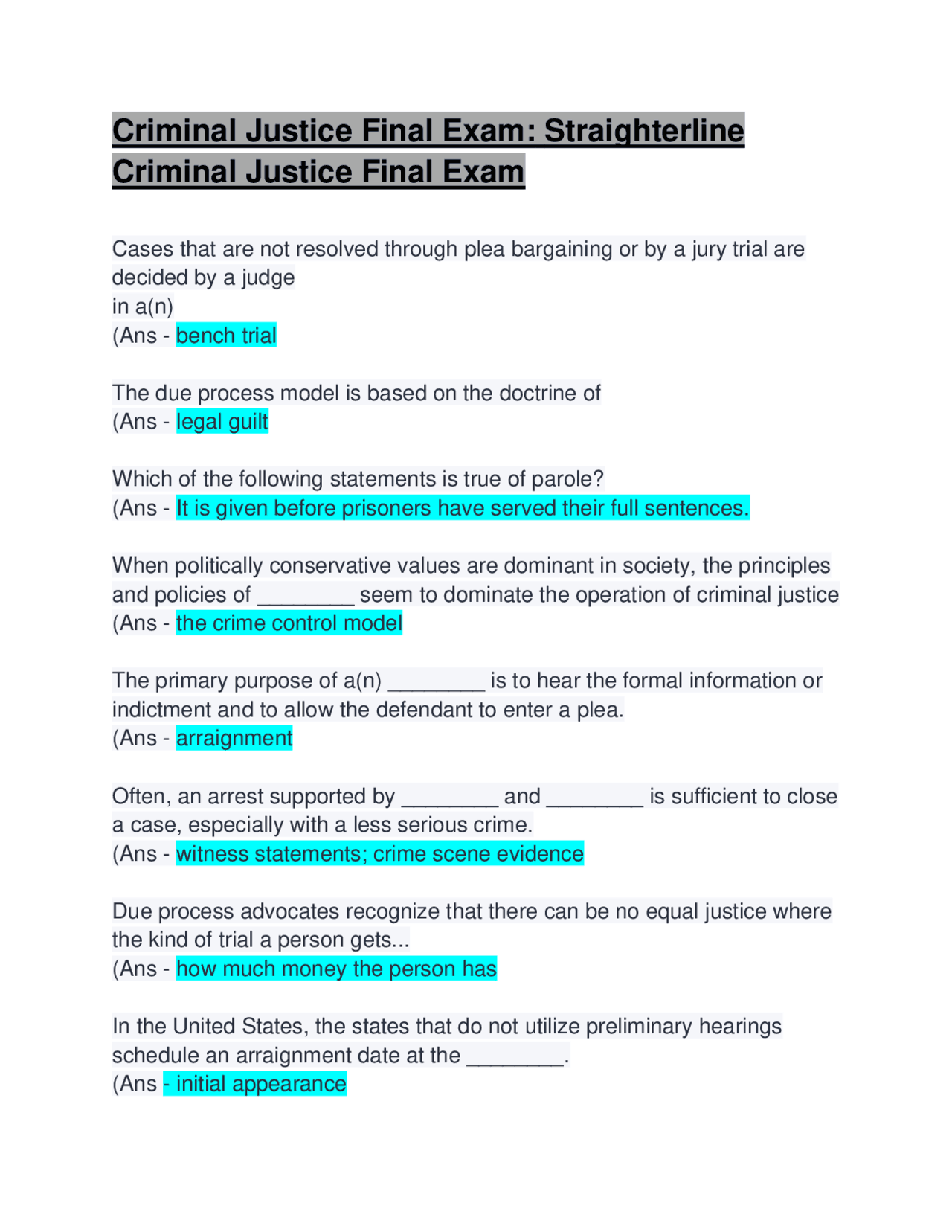 Criminal Justice Final Exam: Straighterline | Exams Law | Docsity