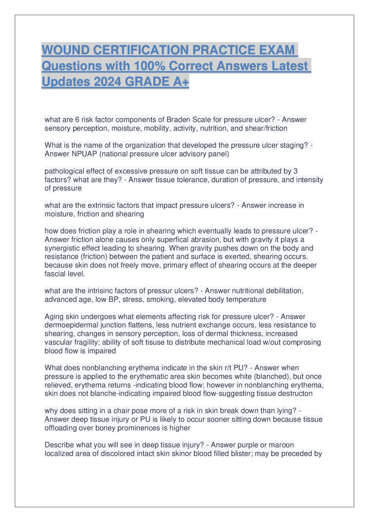 WOUND CERTIFICATION PRACTICE EXAM Questions with 100% Correct Answers ...
