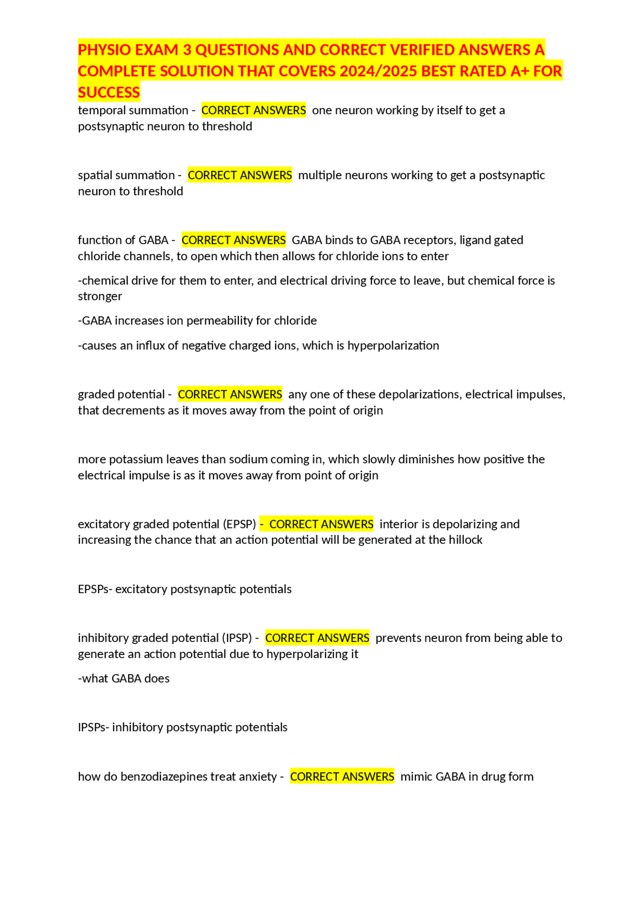 PHYSIO EXAM 3 QUESTIONS AND CORRECT VERIFIED ANSWERS A COMPLETE ...