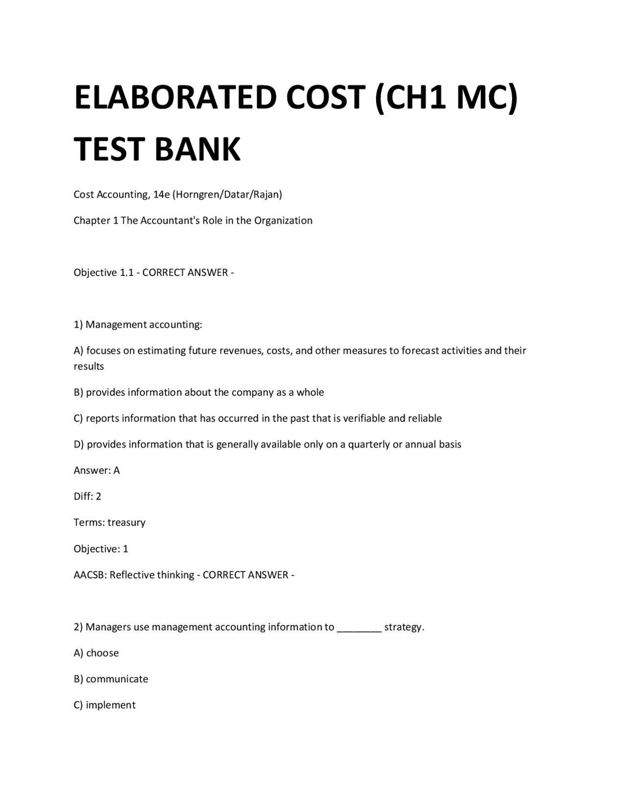 ELABORATED COST (CH1 MC) TEST BANK | Exams Service Management | Docsity