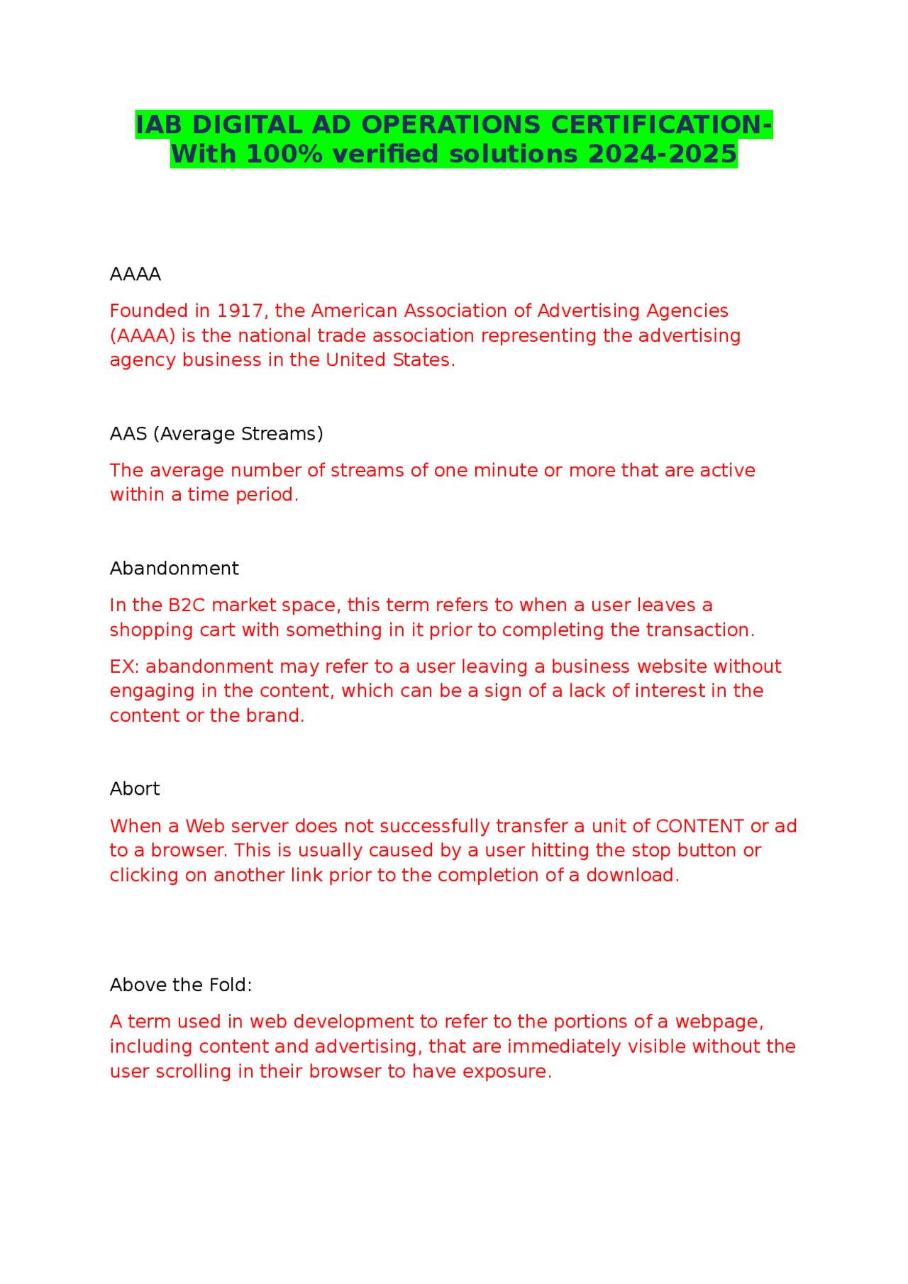 IAB DIGITAL AD OPERATIONS CERTIFICATION-With 100% verified solutions ...