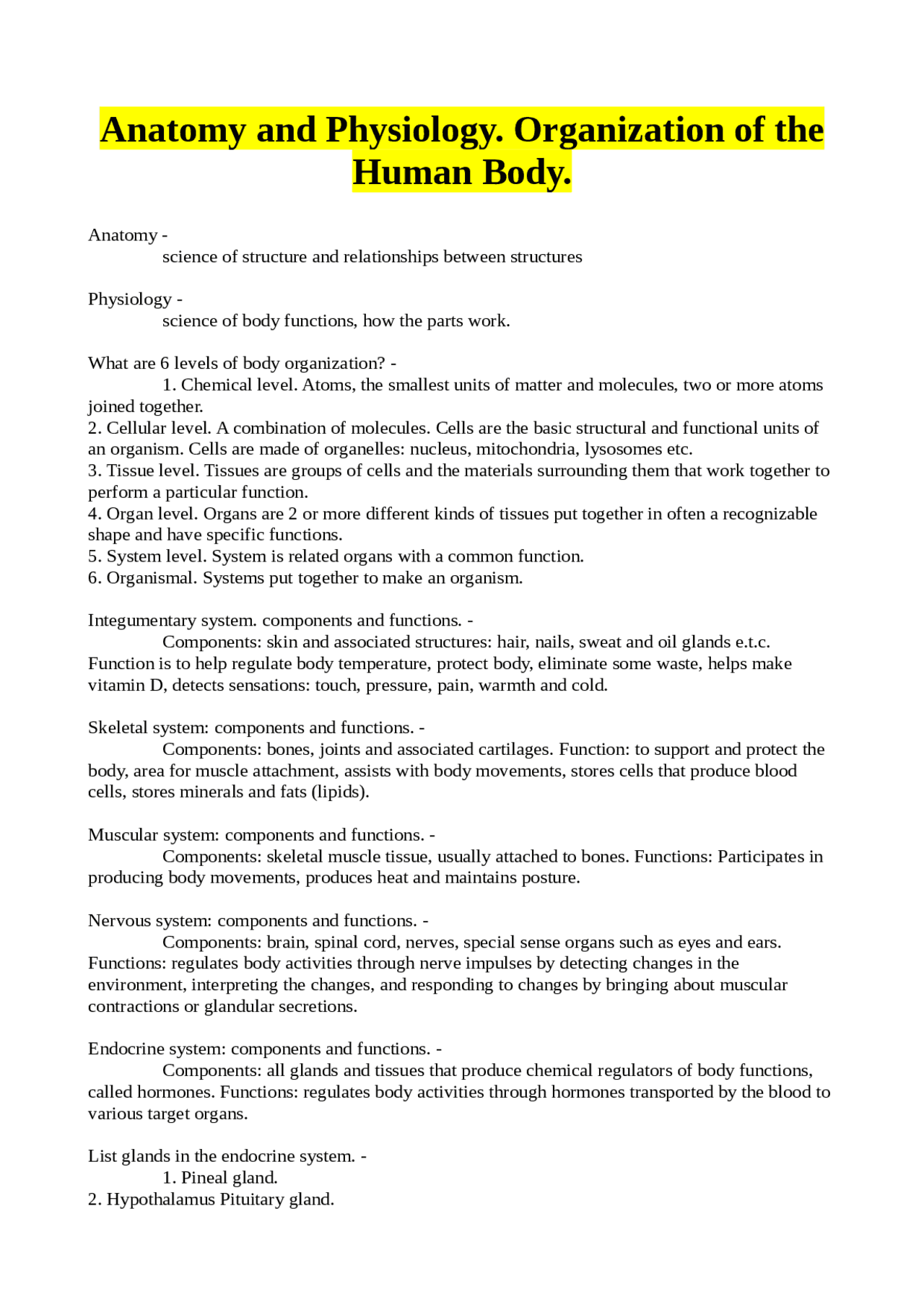 Anatomy and Physiology. Organization of the Human Body. | Exams Anatomy ...