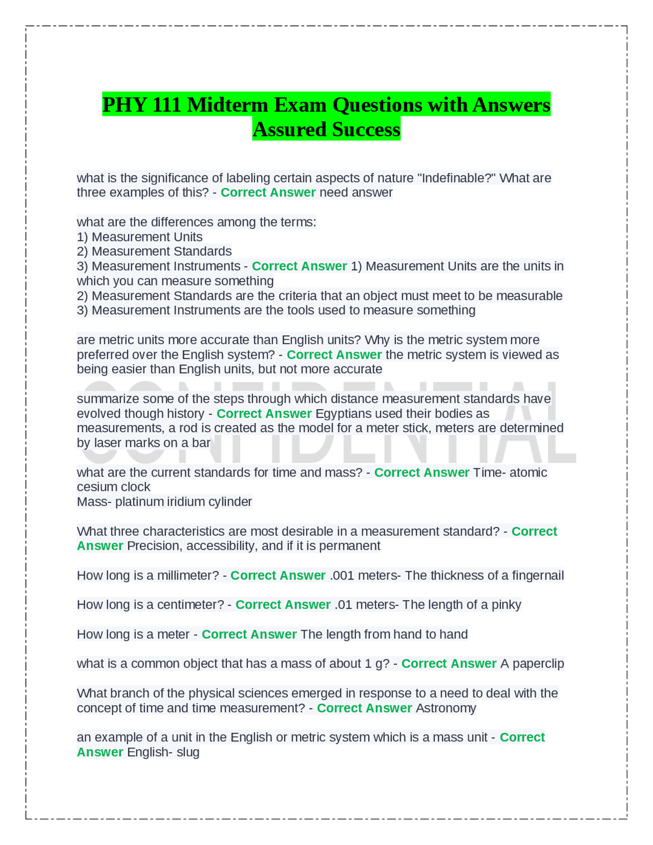 PHY 111 Midterm Exam Questions with Answers Assured Success | Exams Physics | Docsity