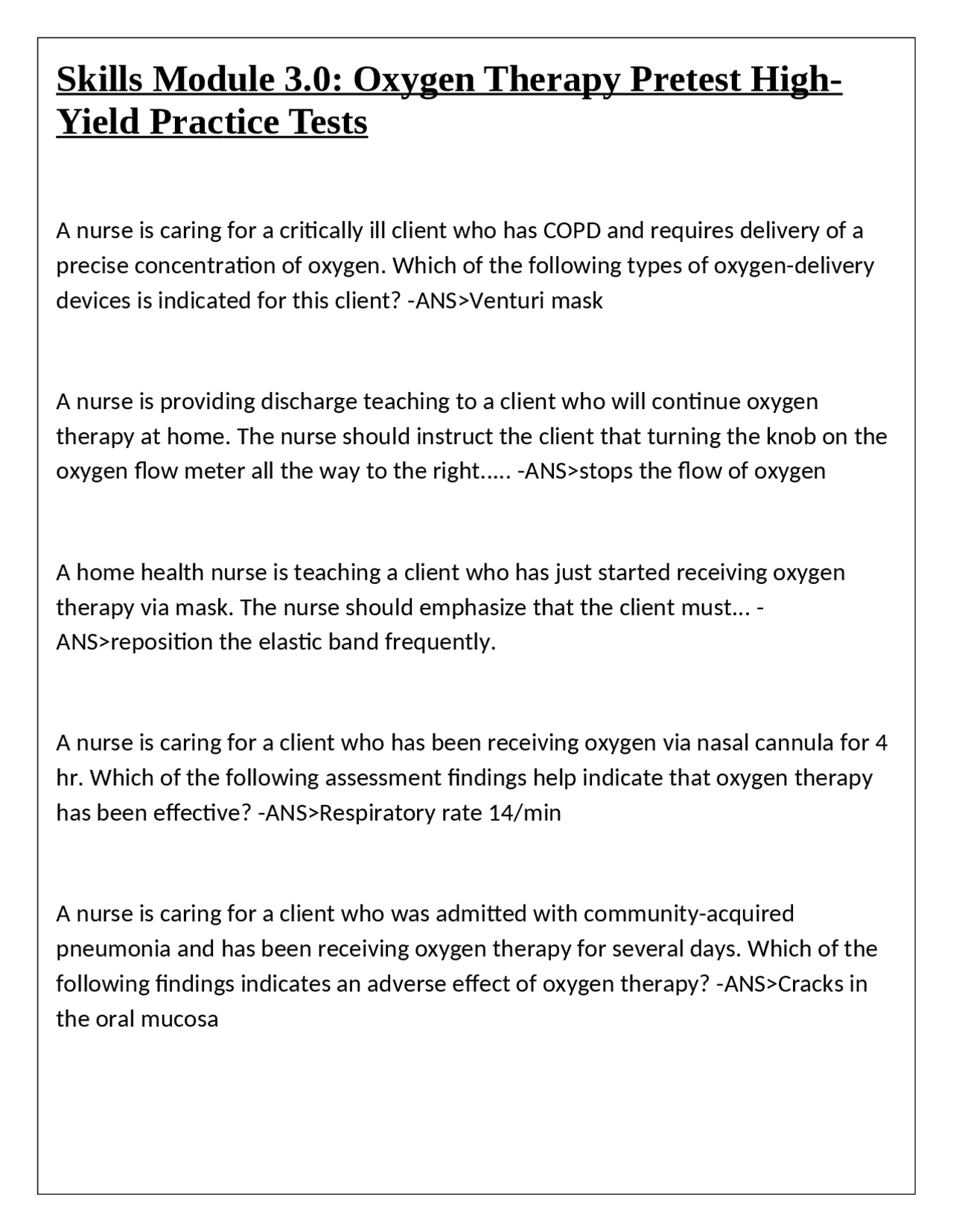 Skills Module 3.0: Oxygen Therapy Pretest High-Yield Practice Tests ...