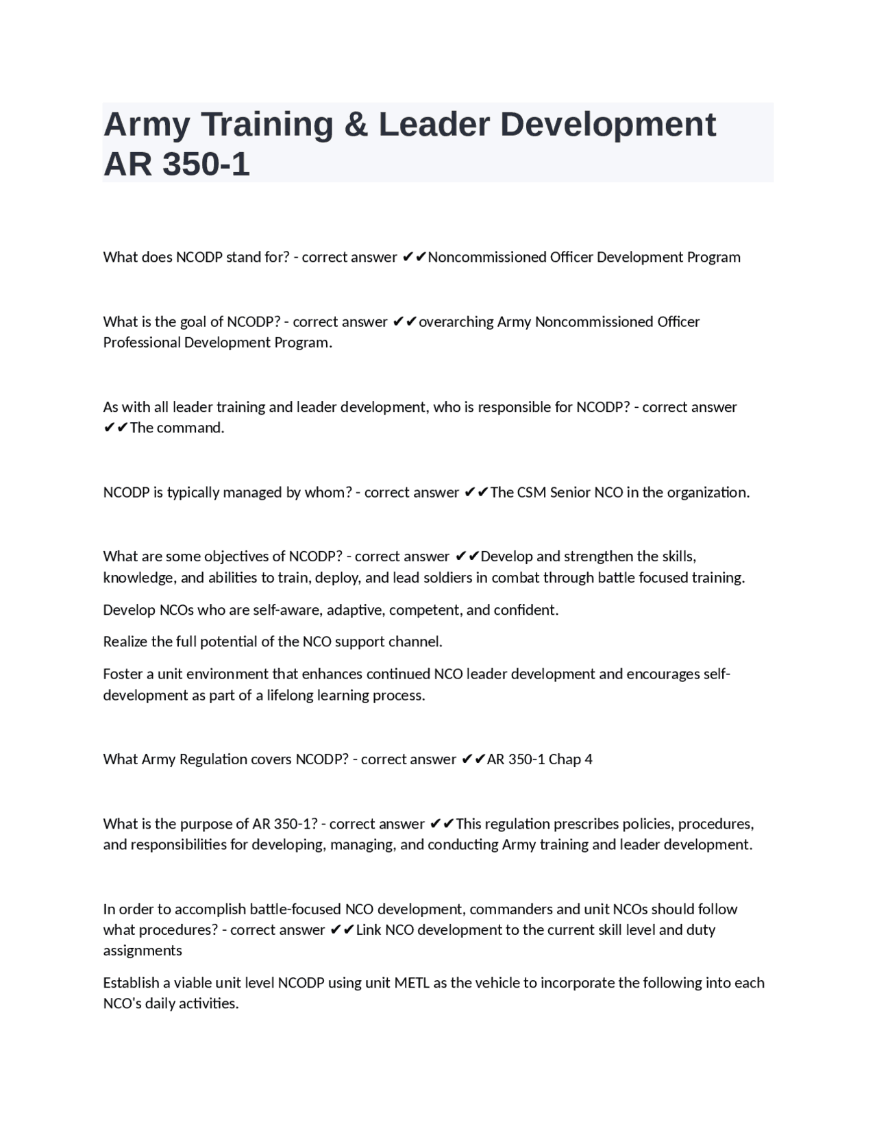 Army Training & Leader Development AR 350-1 Questions n answers graded ...