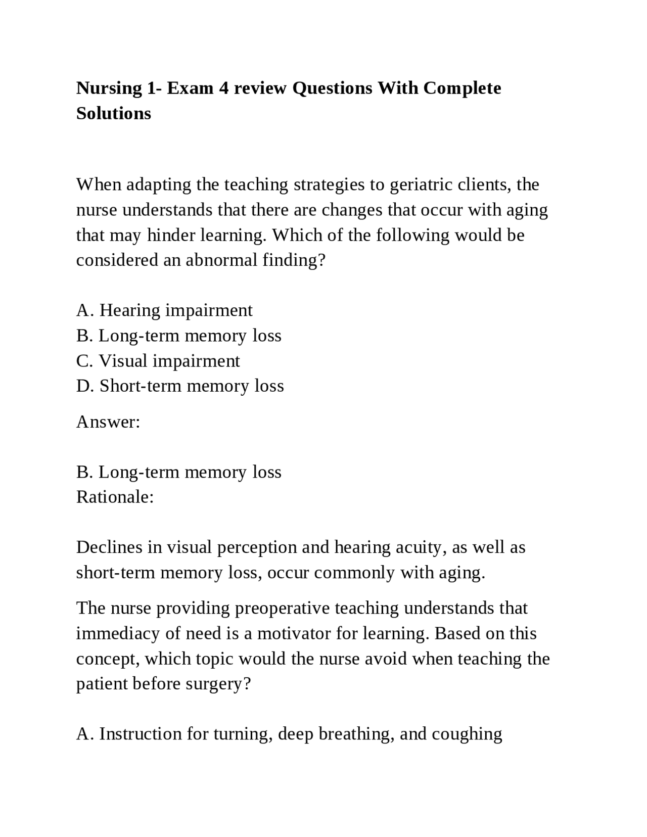 Nursing 1- Exam 4 review Questions With Complete Solutions | Exams ...