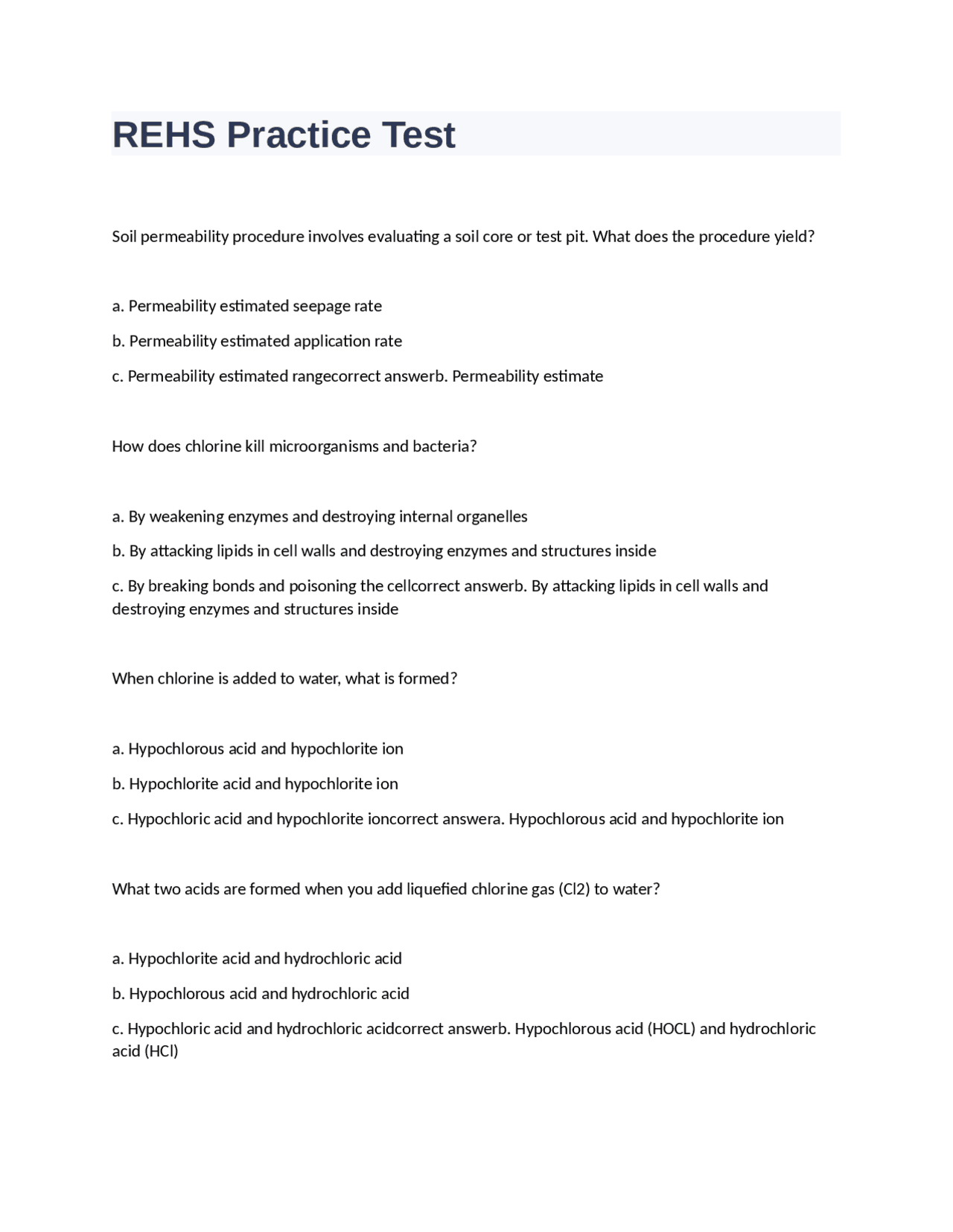 REHS Practice Test questions with correct answers | Exams Nursing | Docsity