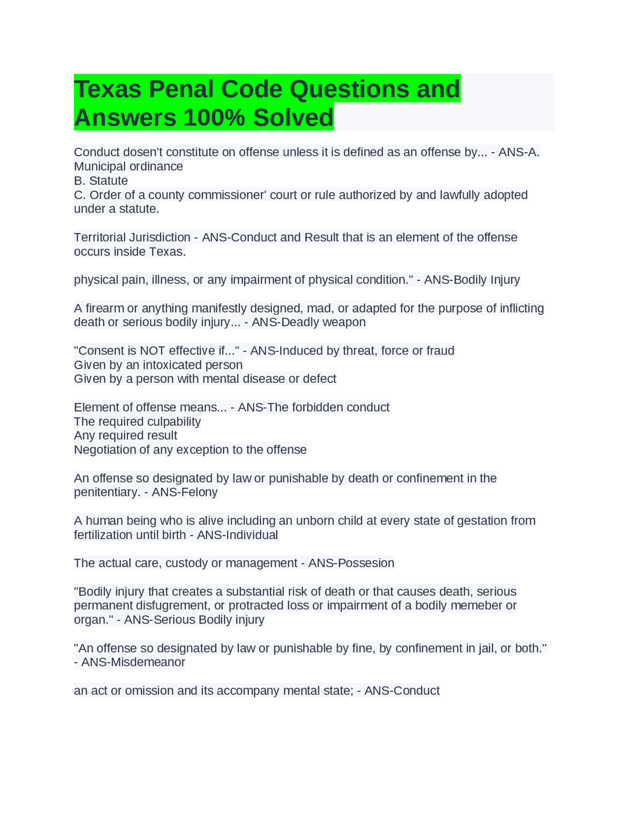 Texas Penal Code Questions and Answers 100% Solved | Exams Law | Docsity