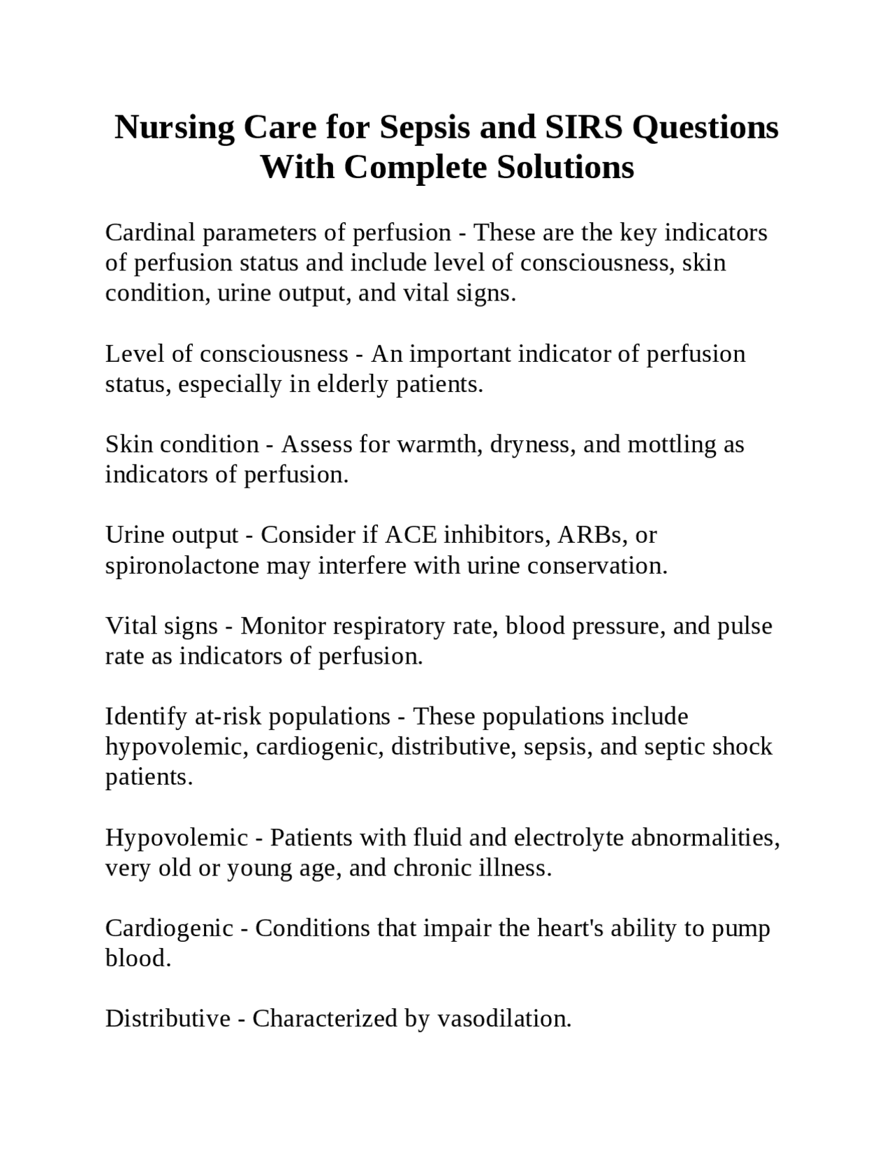 Nursing Care for Sepsis and SIRS Questions With Complete Solutions ...