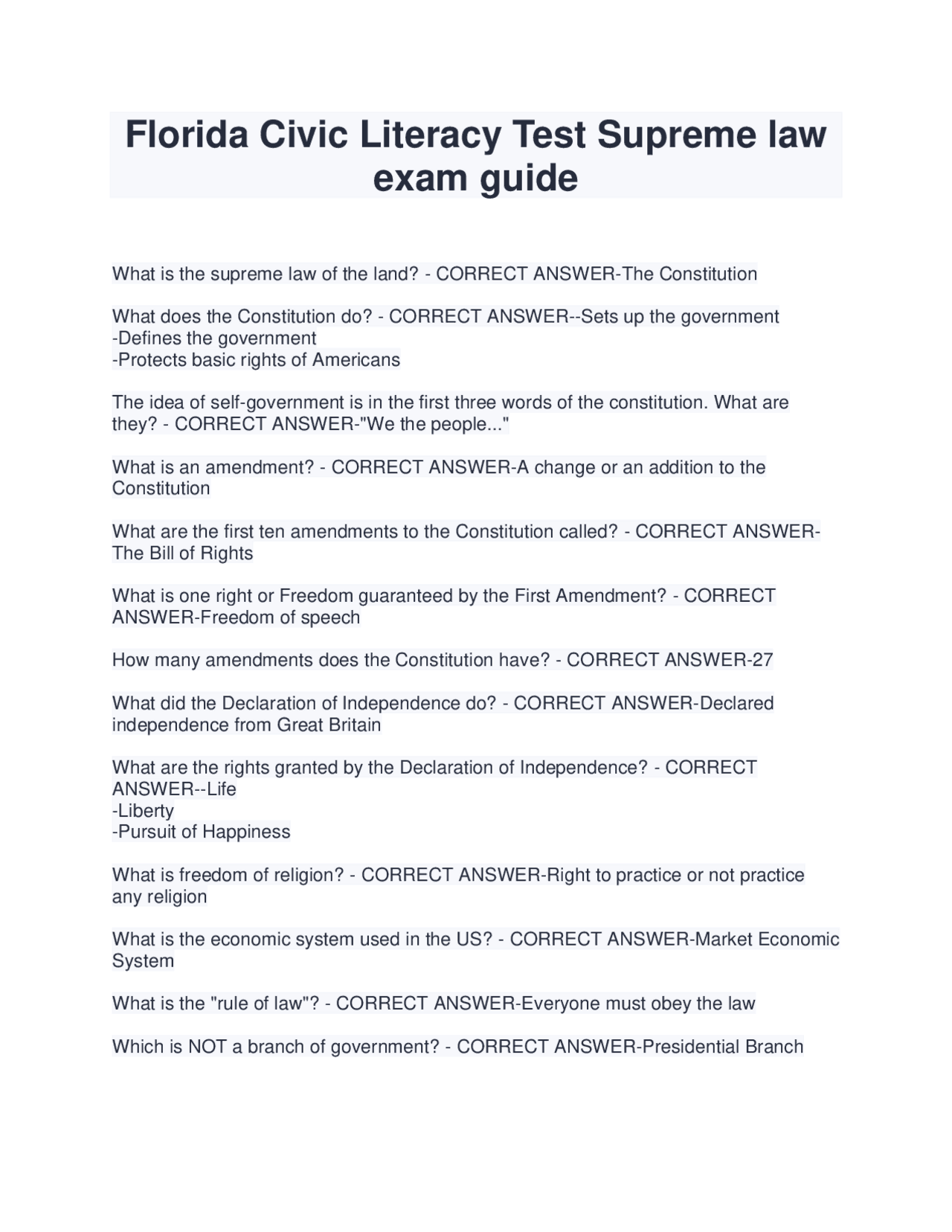 Florida Civic Literacy Test Supreme law exam guide | Exams Law | Docsity